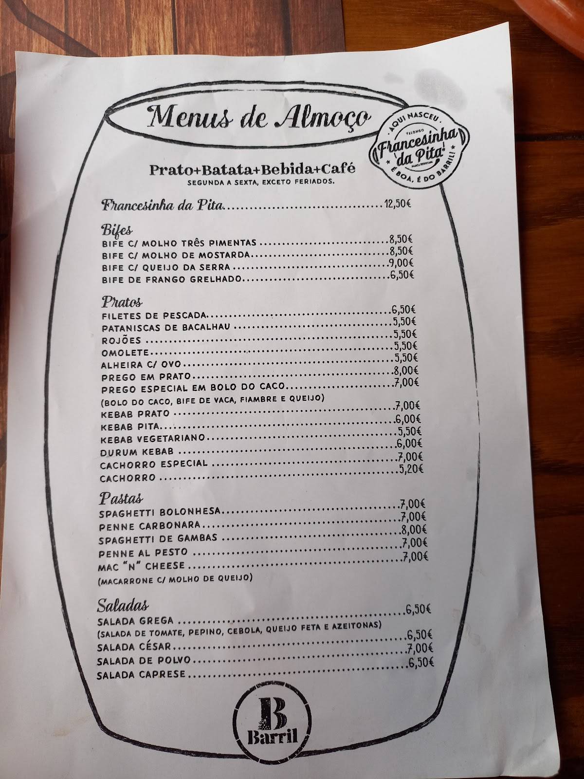 Menu em Barril Avenida (francesinha da Pita), Valongo, Av. 5 de Outubro 43