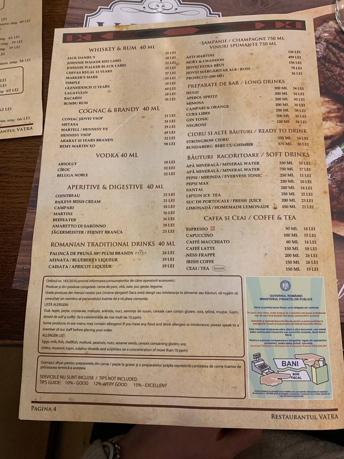Menu at Vatra, Bucharest, Strada Ion Brezoianu 19