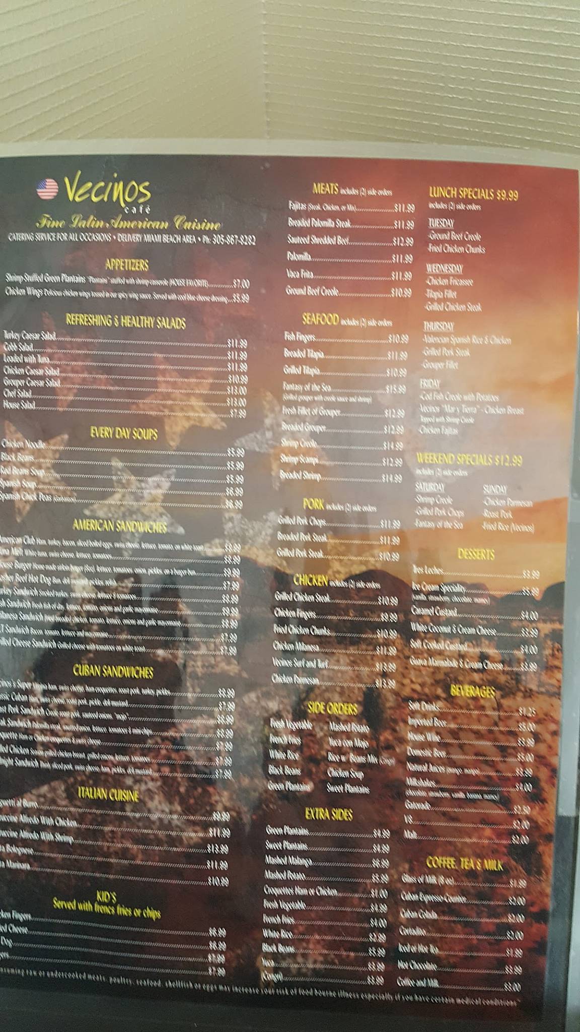 Menu at Vecinos Cafe, Miami Beach, Collins Ave