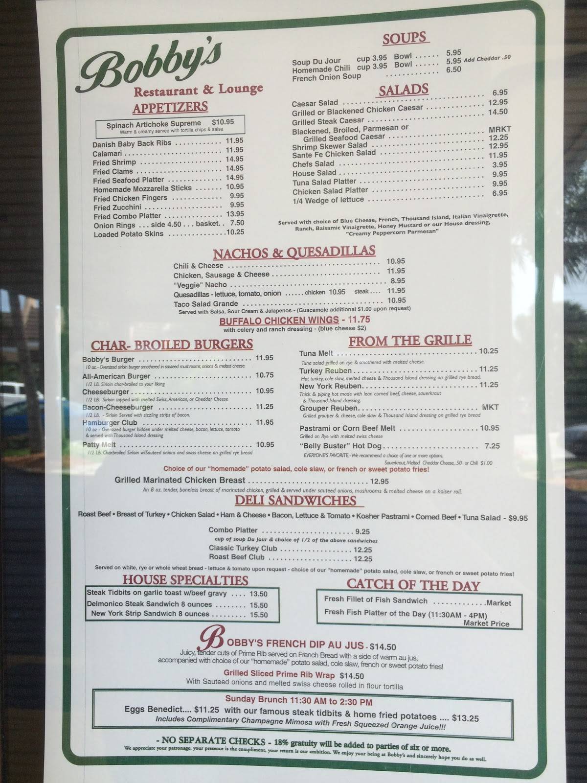 Menu at Bobby's Restaurant & Lounge, Vero Beach