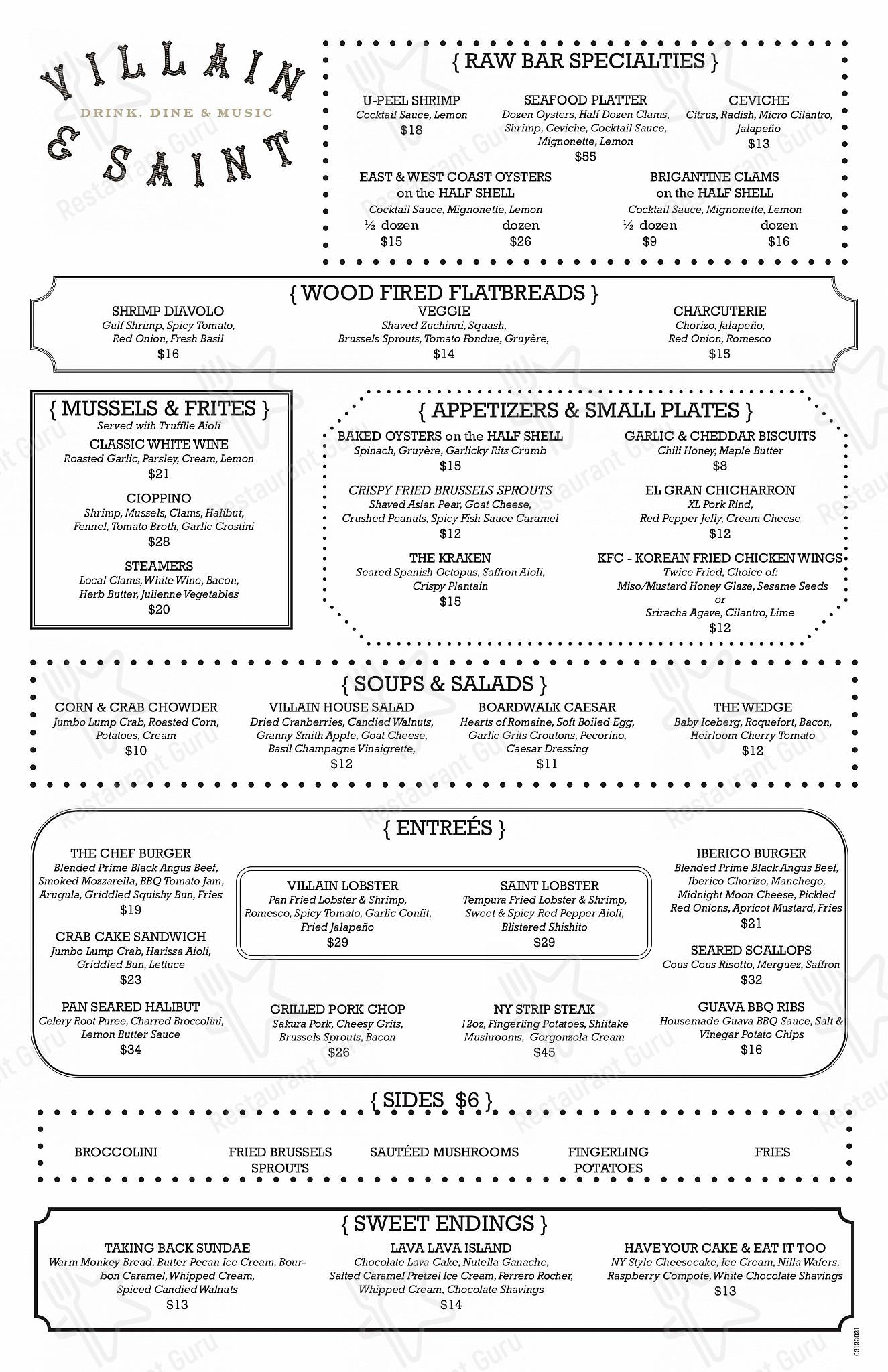 Menu at Villain & Saint restaurant, Atlantic City, 500 Boardwalk