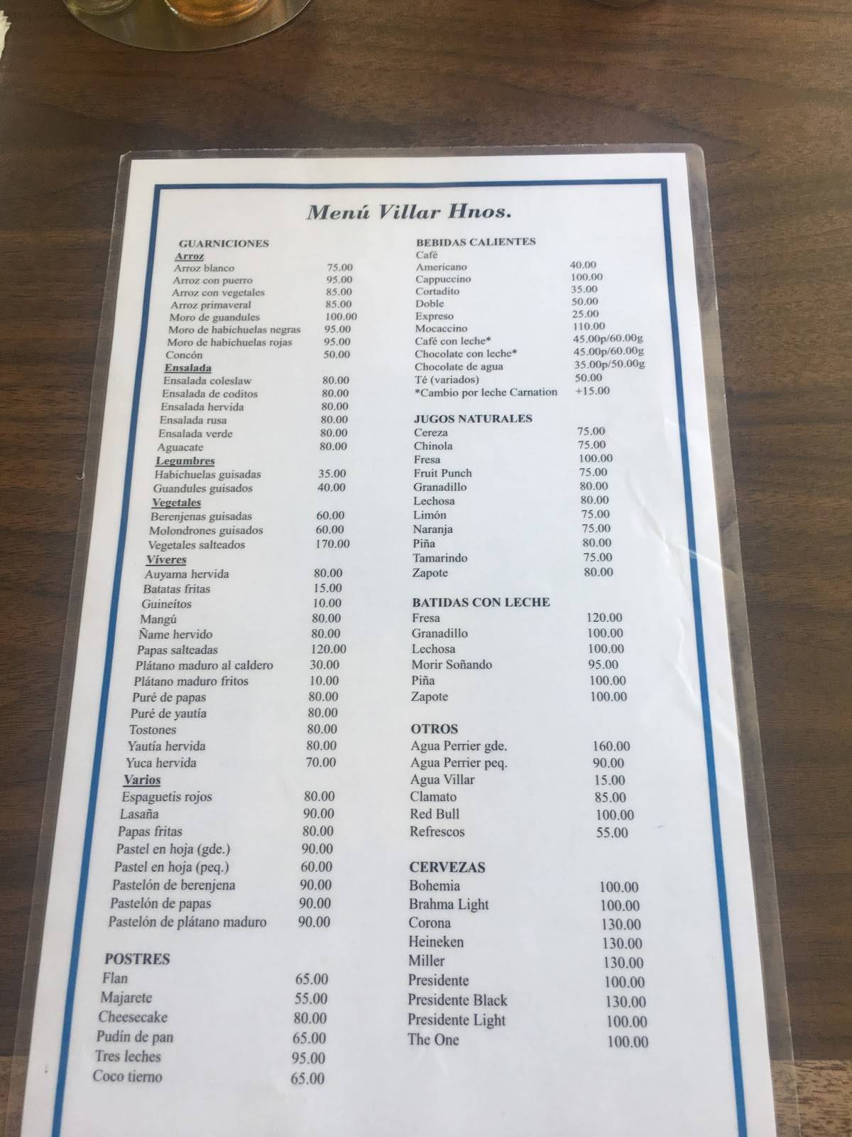 Menu at Villar Hermanos restaurant, Santo Domingo