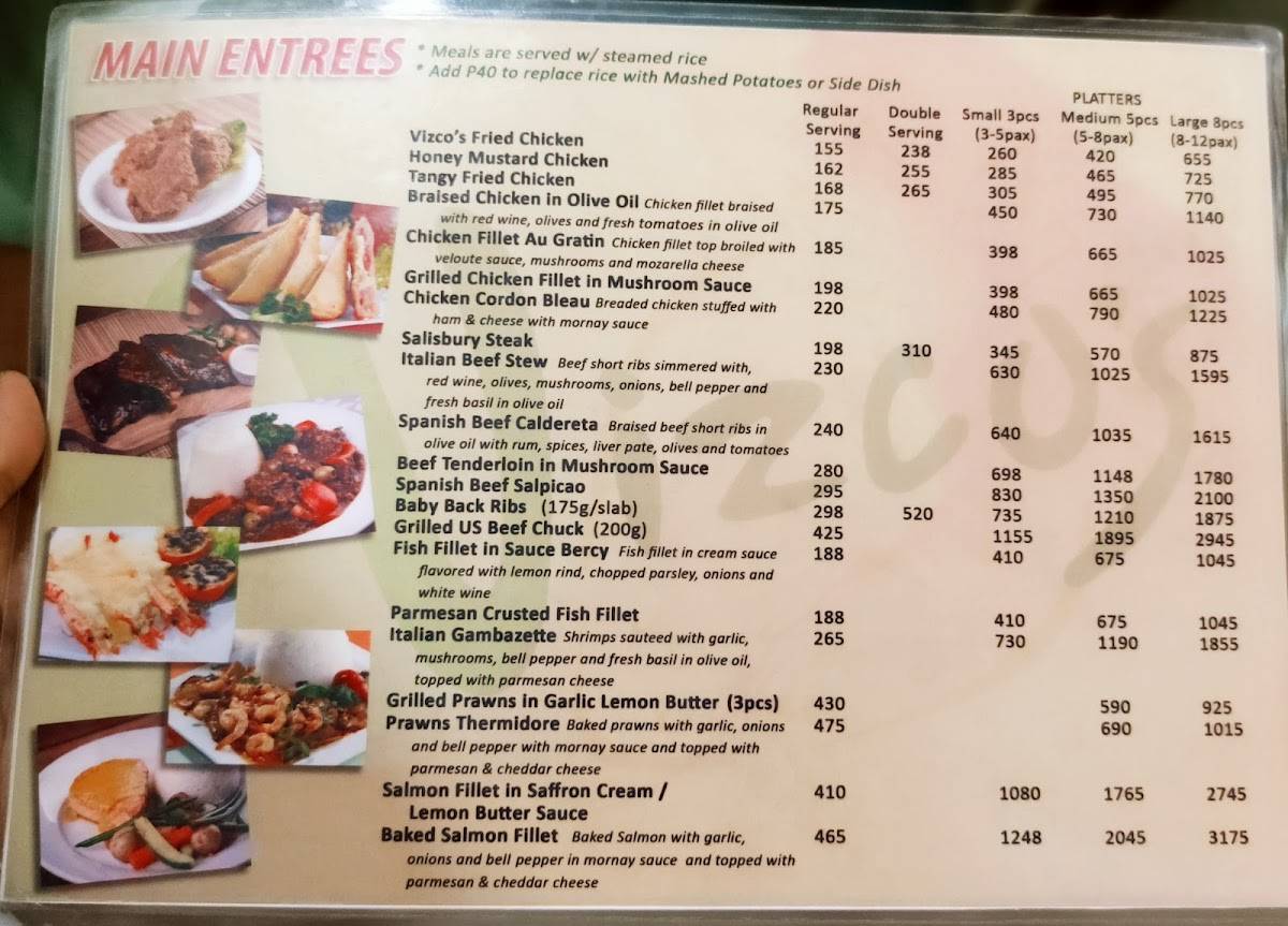 Menu at Vizco's Restaurant & Cake Shop, Baguio