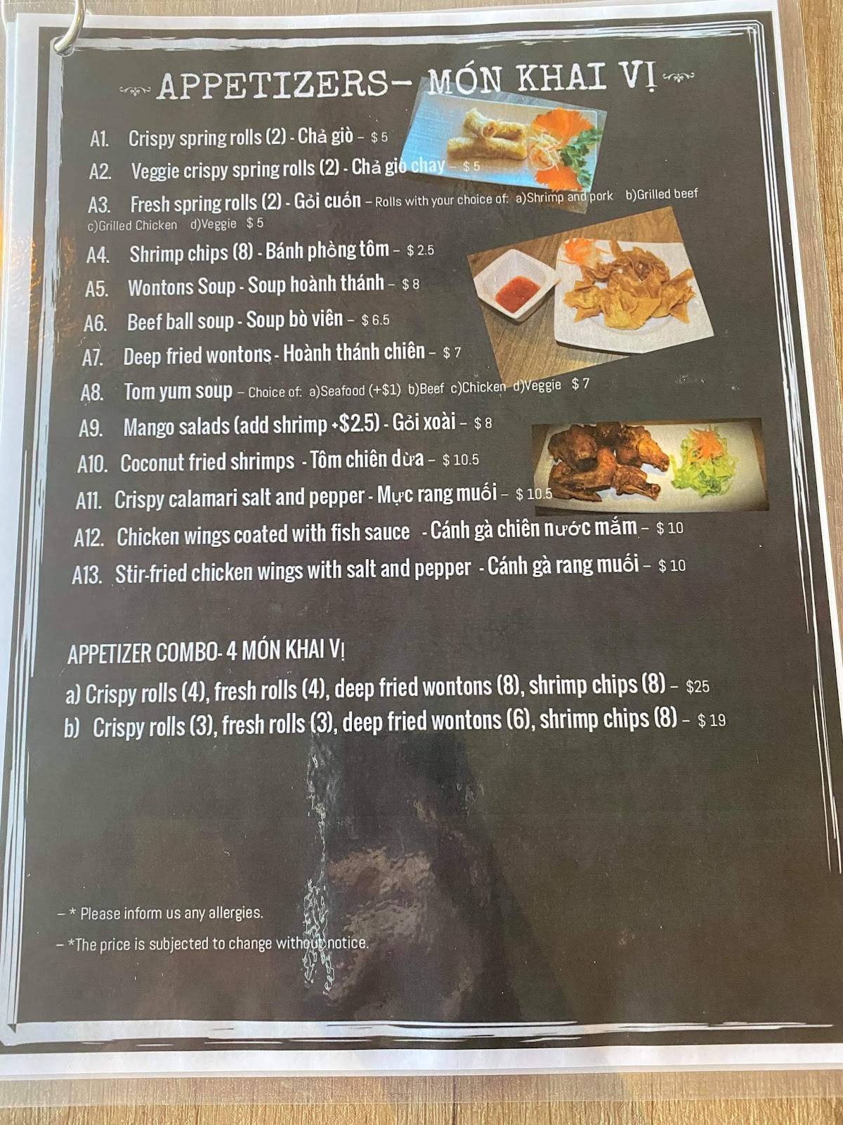 Menu at Waiting Phở U restaurant, Barrie