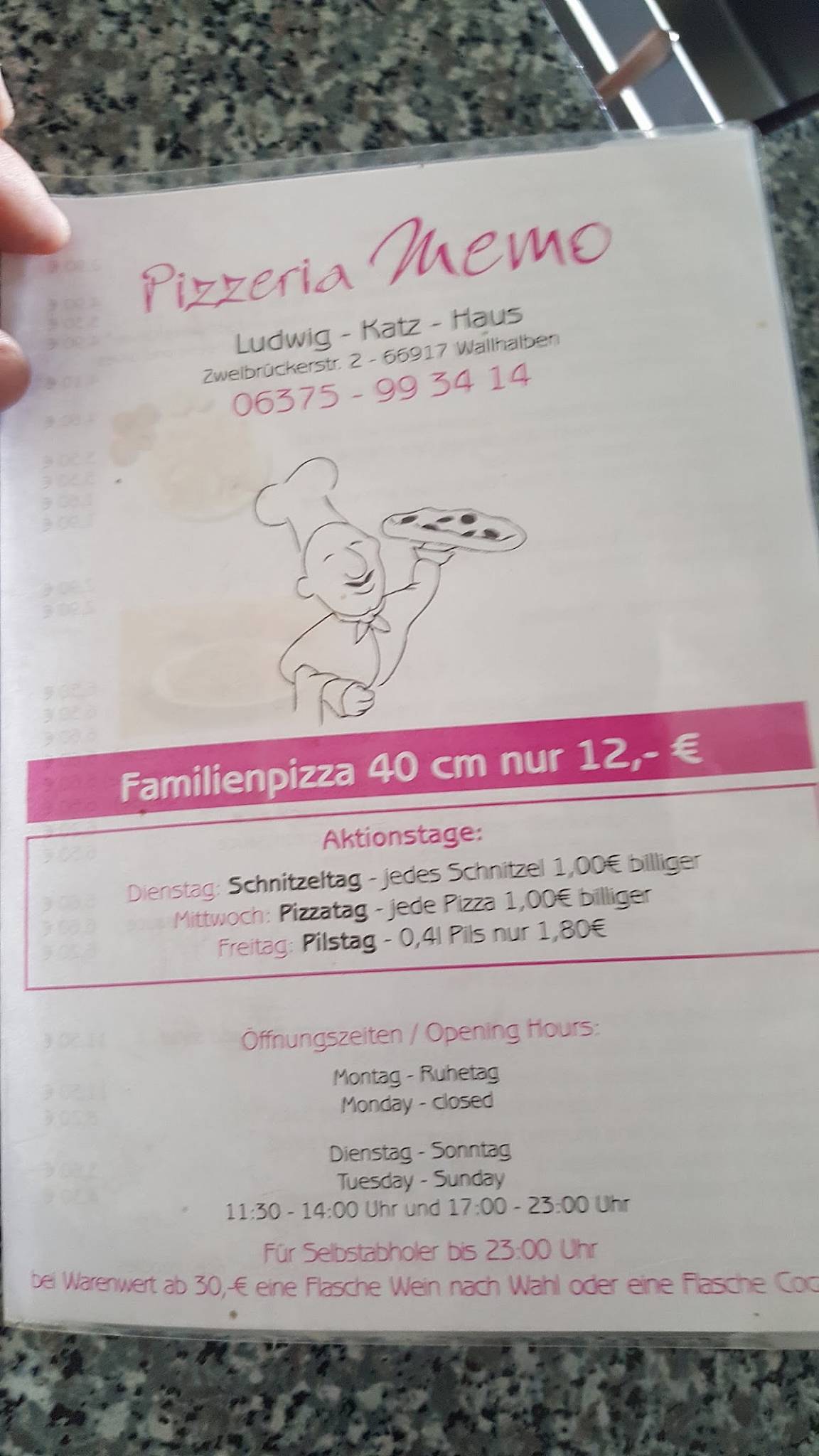 Speisekarte von Pizzeria Memo, Wallhalben, Zweibrücker Str. 2