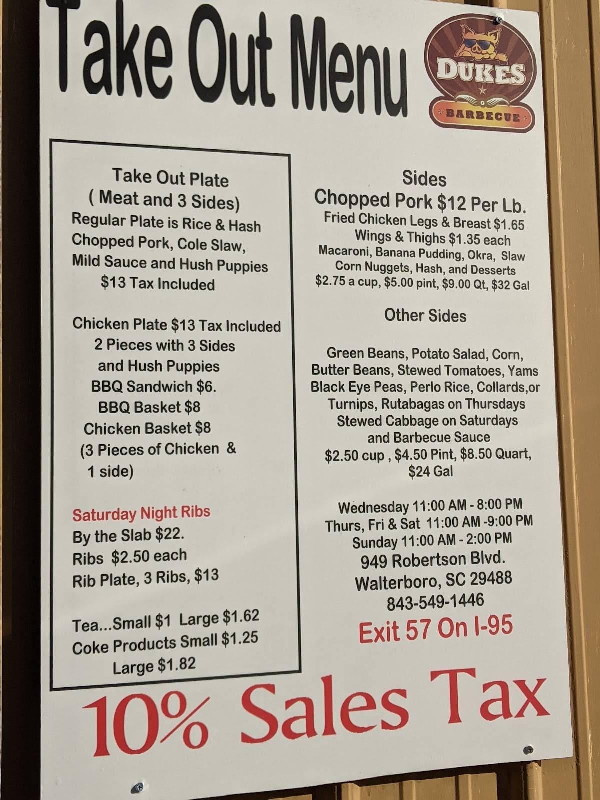 Menu at Dukes Barbecue, Walterboro