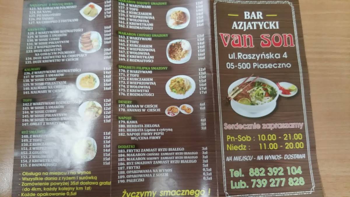 Menu at Van Son restaurant, Piaseczno, Raszyńska 4