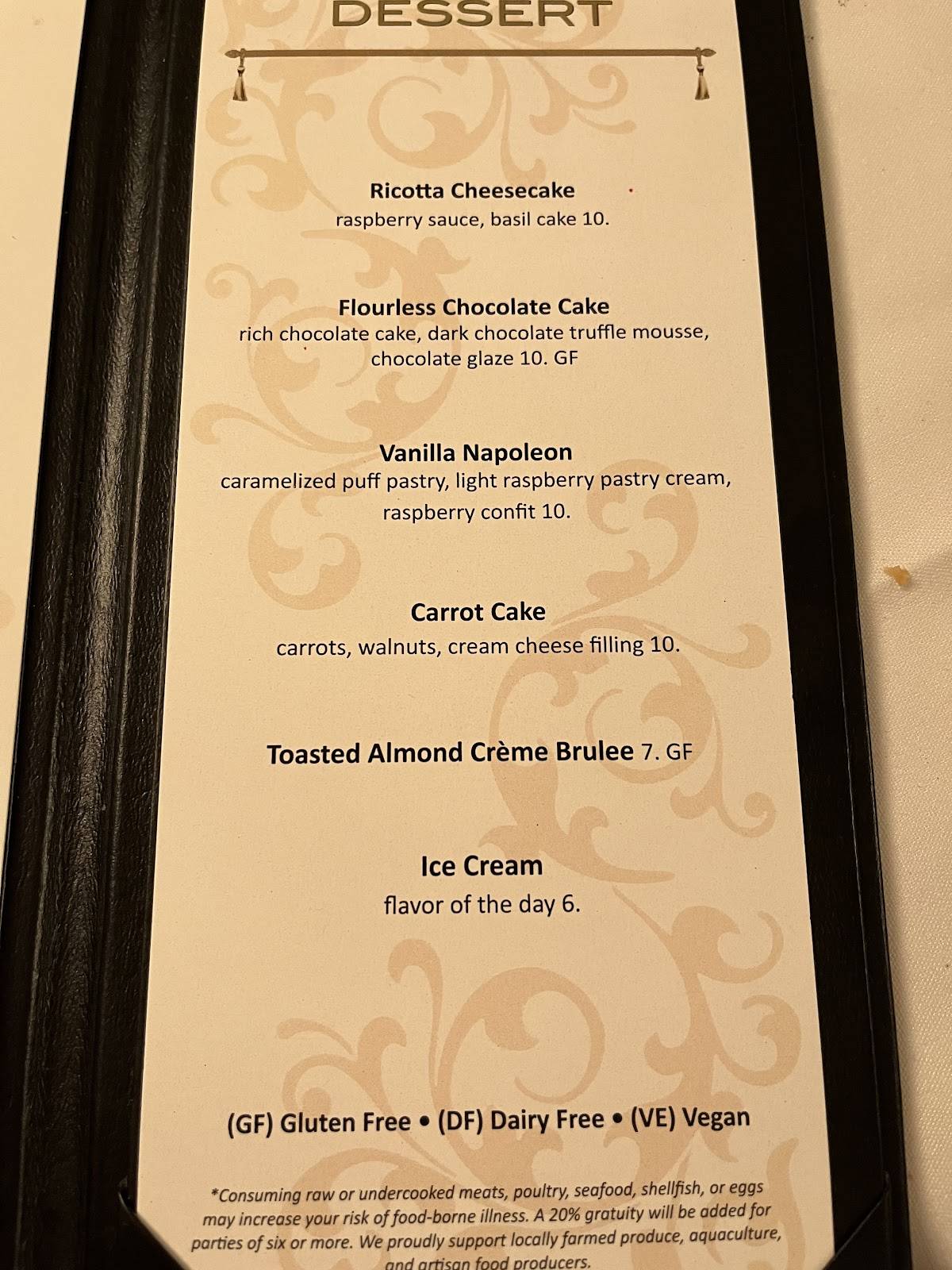 Menu at Washington Crossing Inn restaurant, Washington Crossing