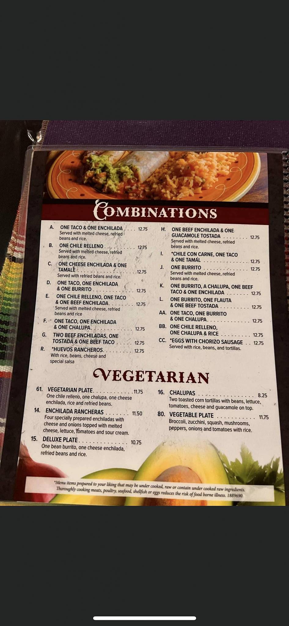 Menu at Old Mexico restaurant, Washington, 125 Murtland Ave