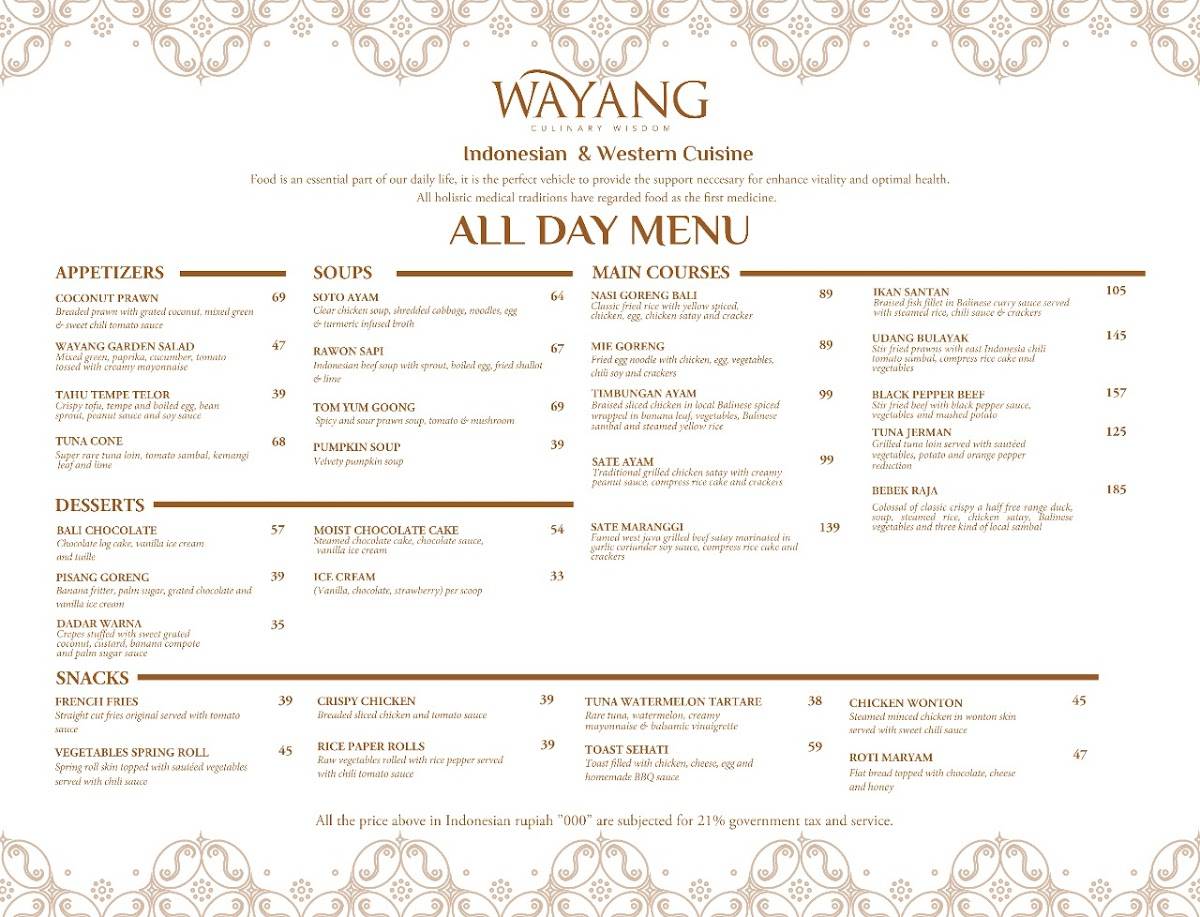 Menu at Wayang Restaurant Ubud, Ubud