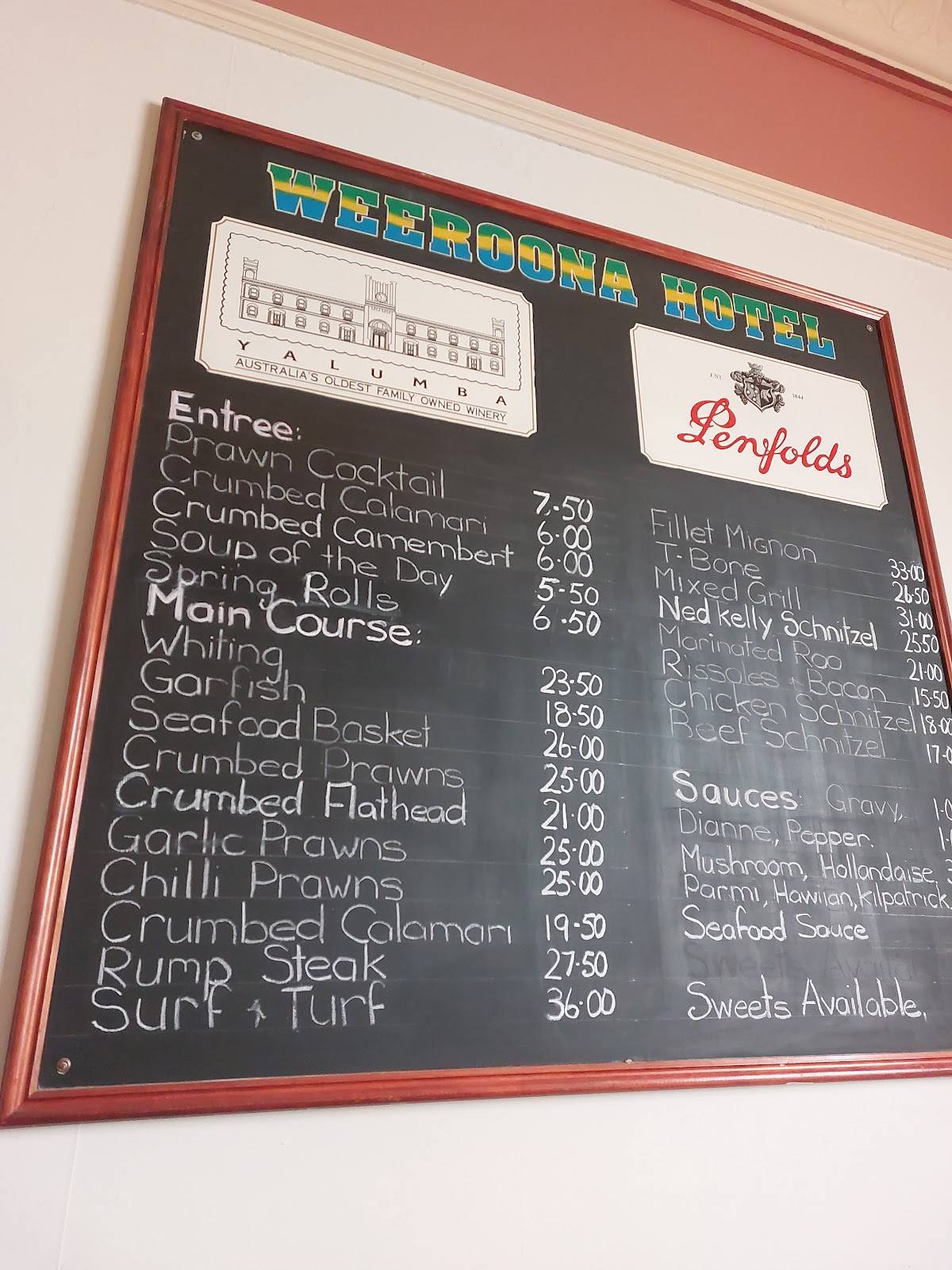 Menu at Weeroona Hotel pub & bar, Wallaroo