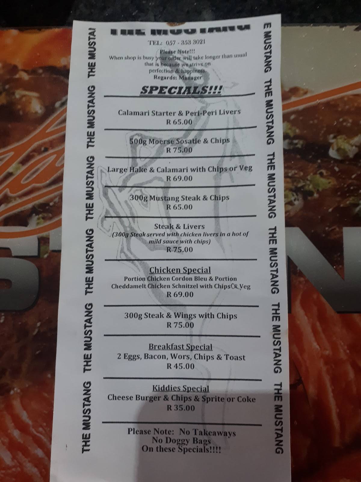Menu at Mustang restaurant, Welkom