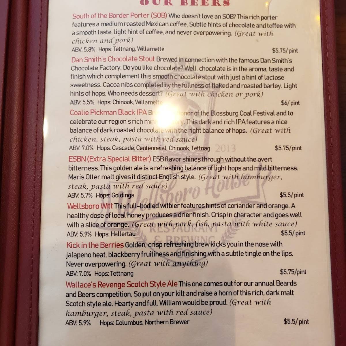 Menu at Wellsboro House restaurant, Wellsboro, 34 Charleston St