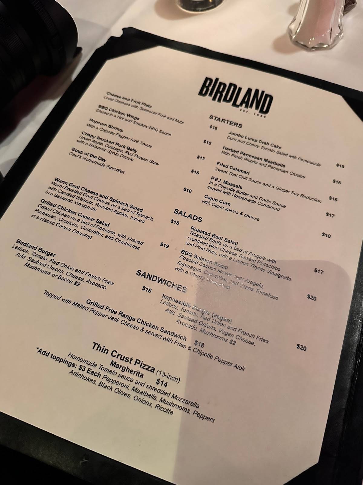 Menu at Birdland Jazz Club, West New York