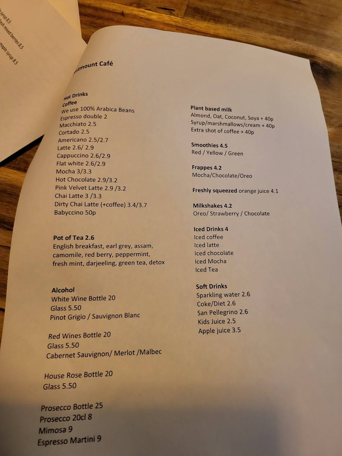 Menu at Westmount Cafe, London