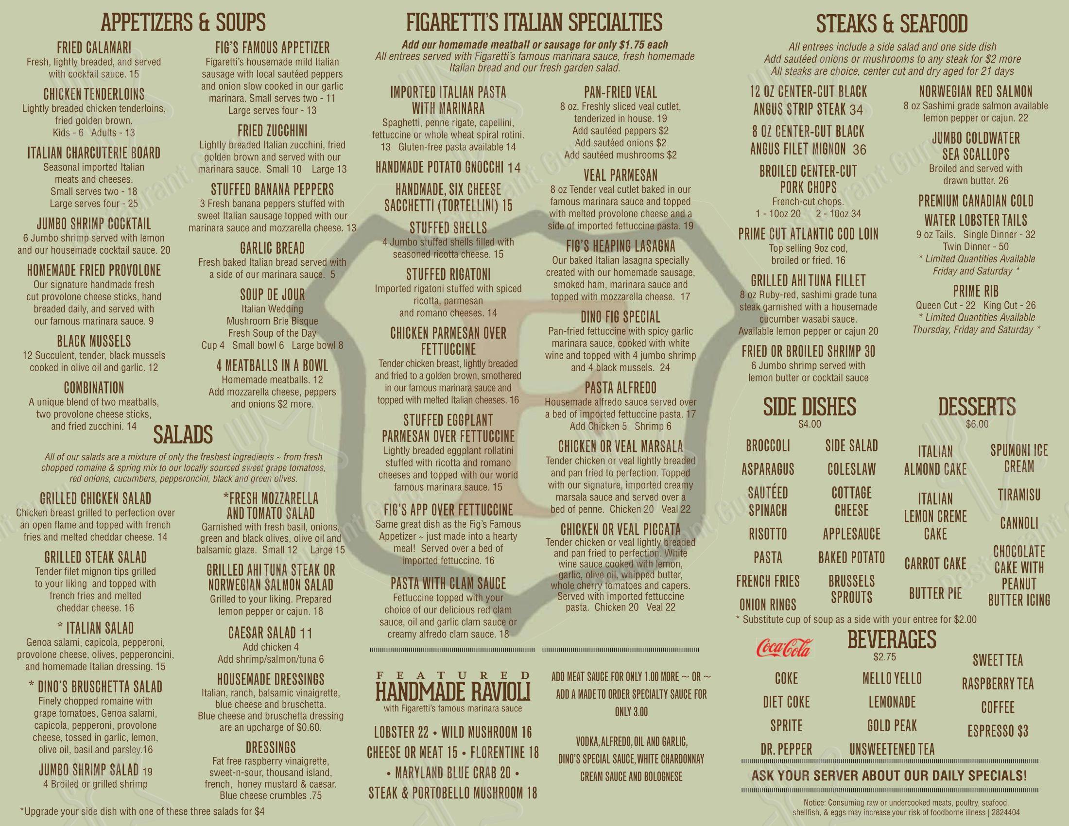 Menu at Figaretti's Restaurant, Wheeling