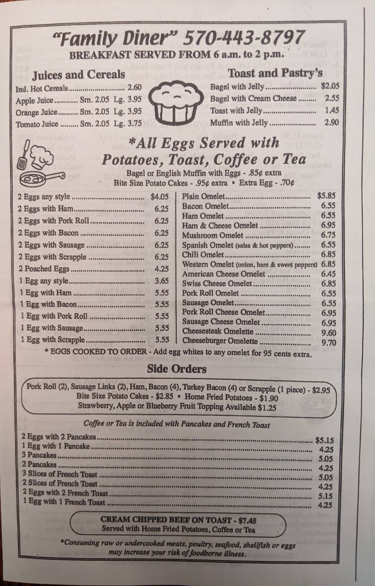 Menu at White Haven Family Diner restaurant, White Haven