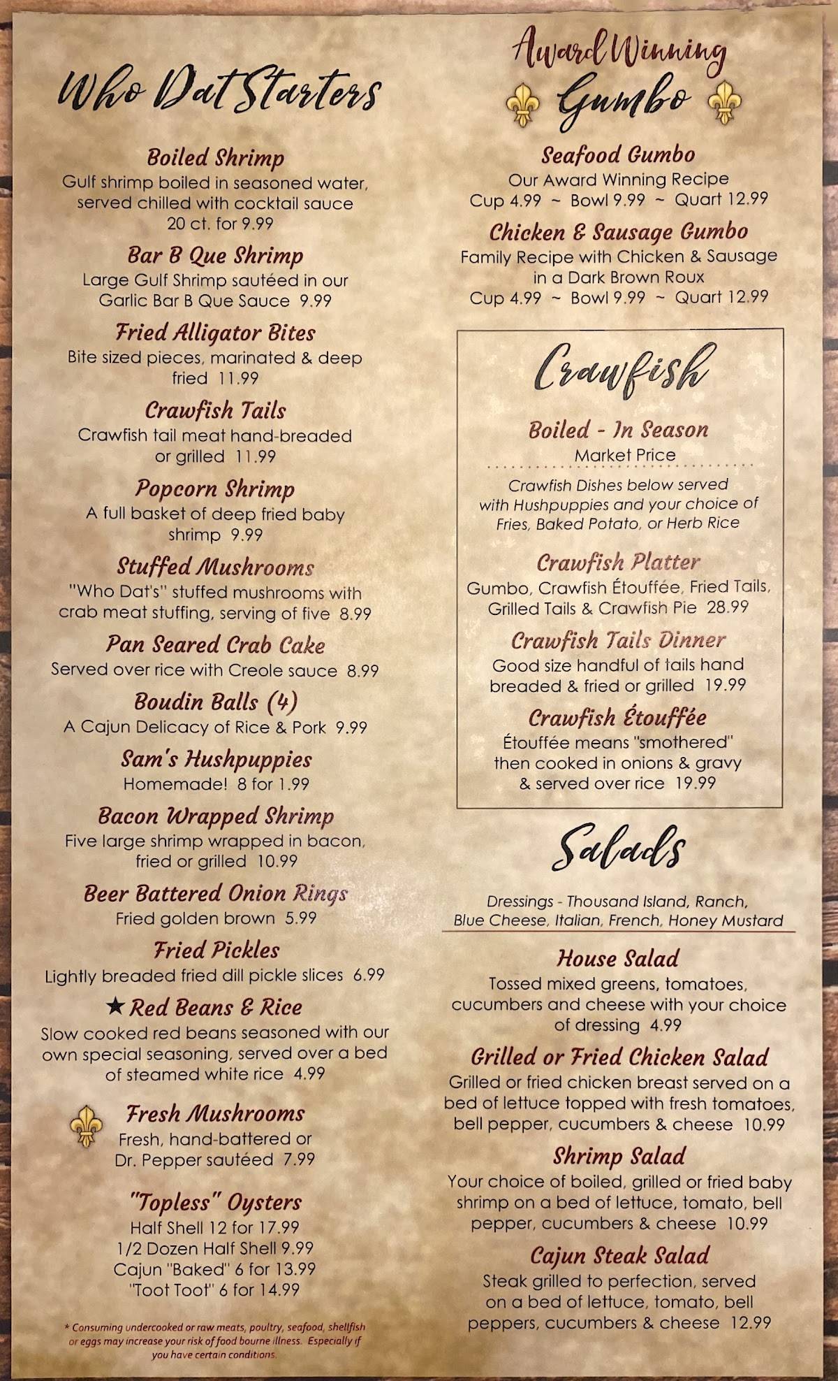 Menu at Who Dat's Cajun Restaurant, Bald Knob