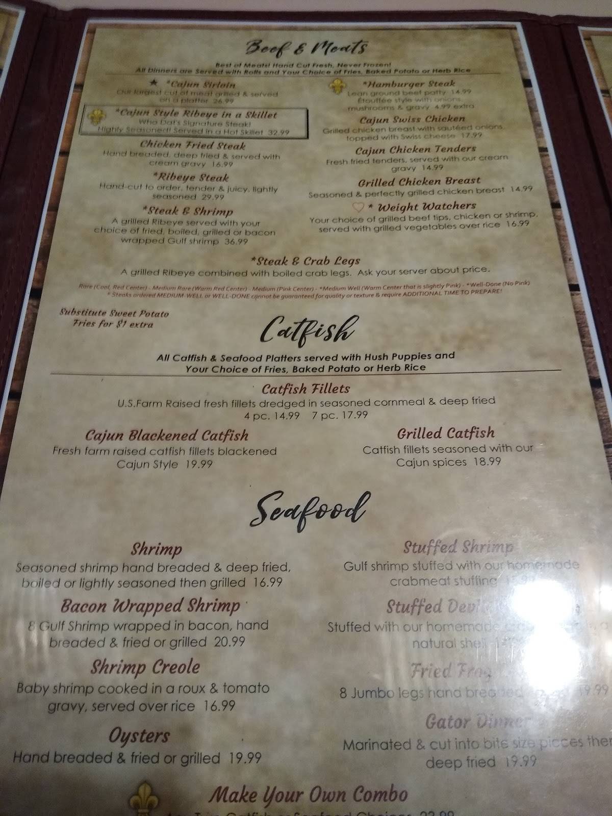 Menu at Who Dat's Cajun Restaurant, Bald Knob