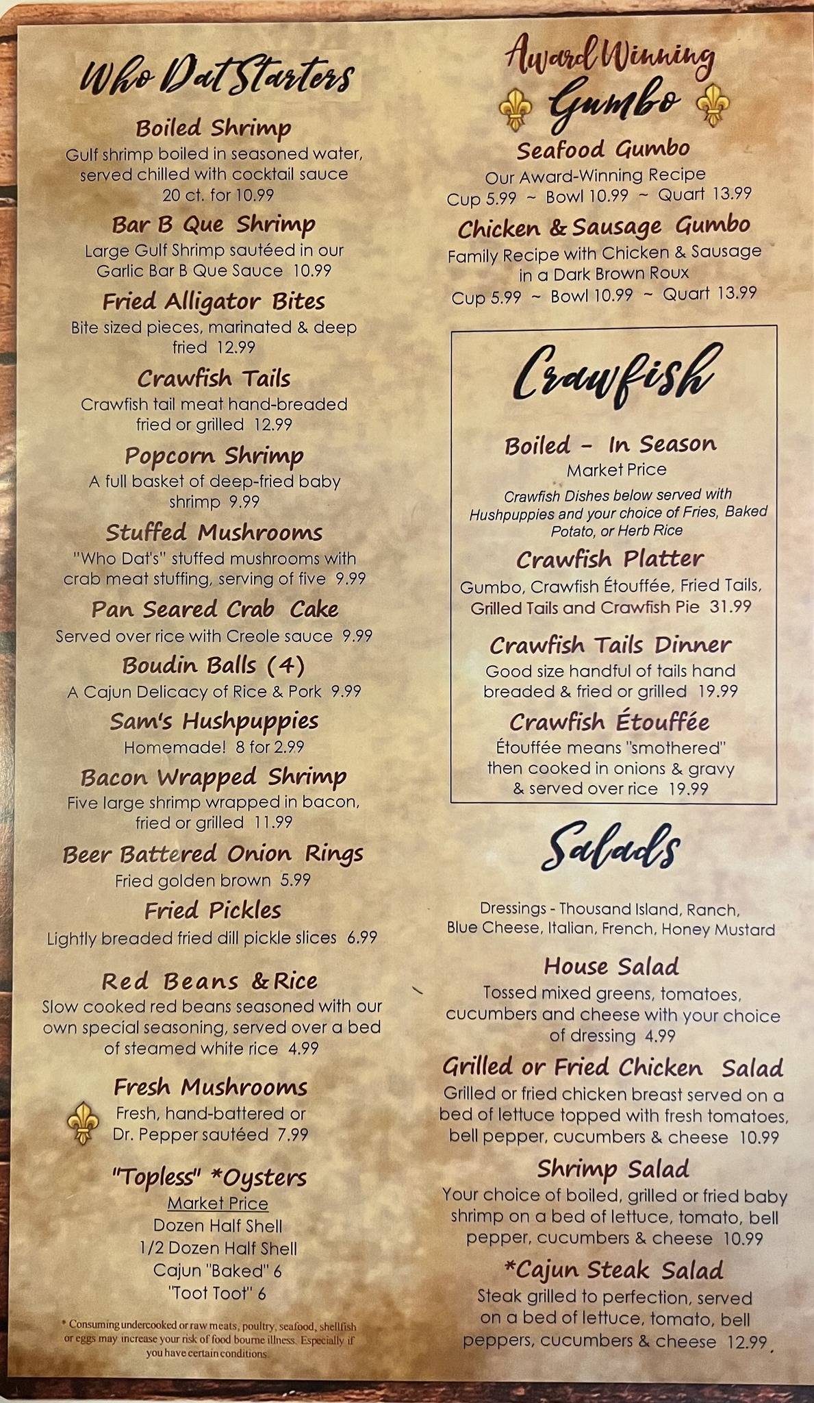Menu at Who Dat's Cajun Restaurant, Bald Knob
