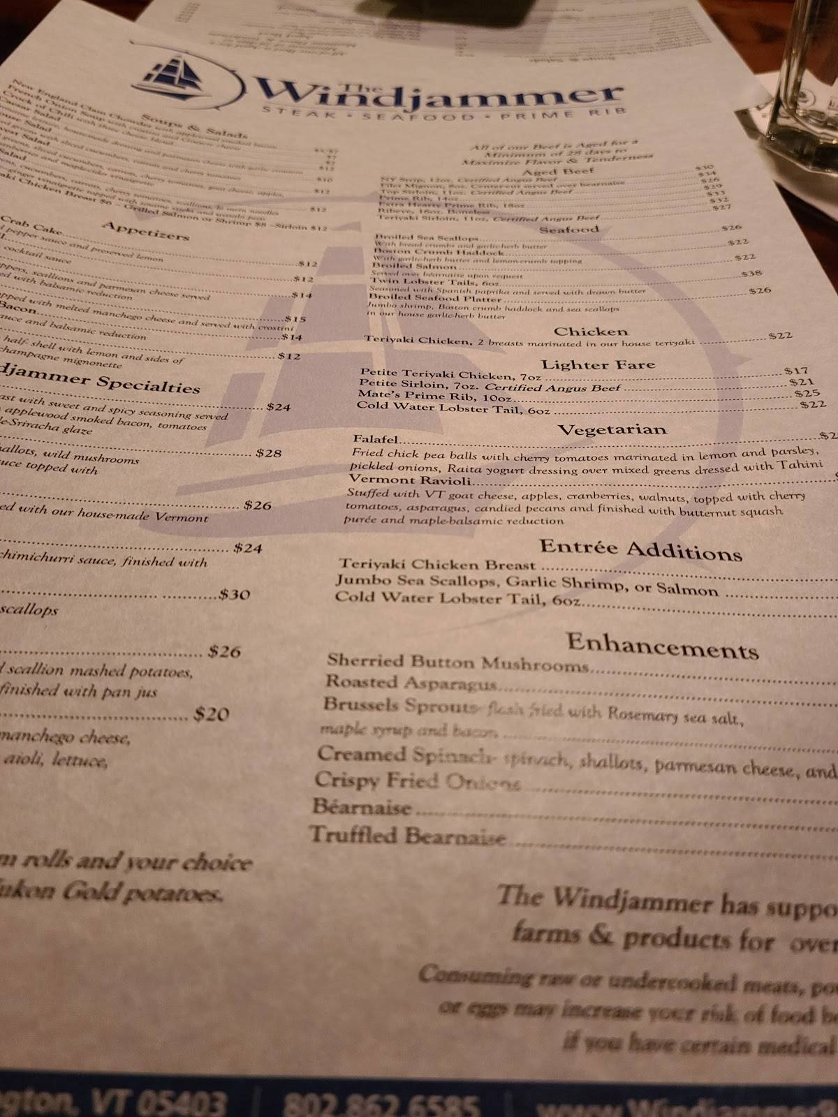 Menu at Windjammer Restaurant & Upper Deck Pub, South Burlington