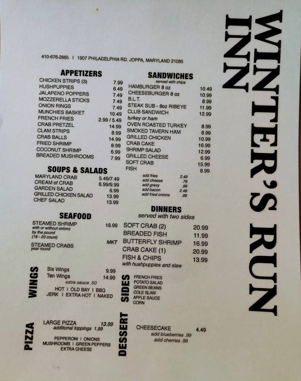 Menu at Winters Run Inn Inc restaurant, Edgewood