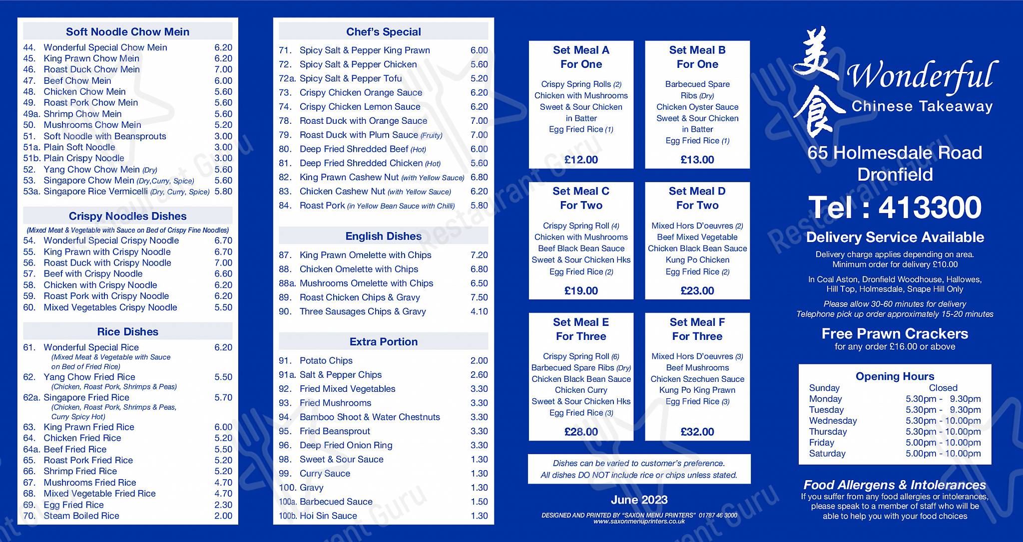 Menu at Wonderful Chinese Takeaway fast food, Dronfield