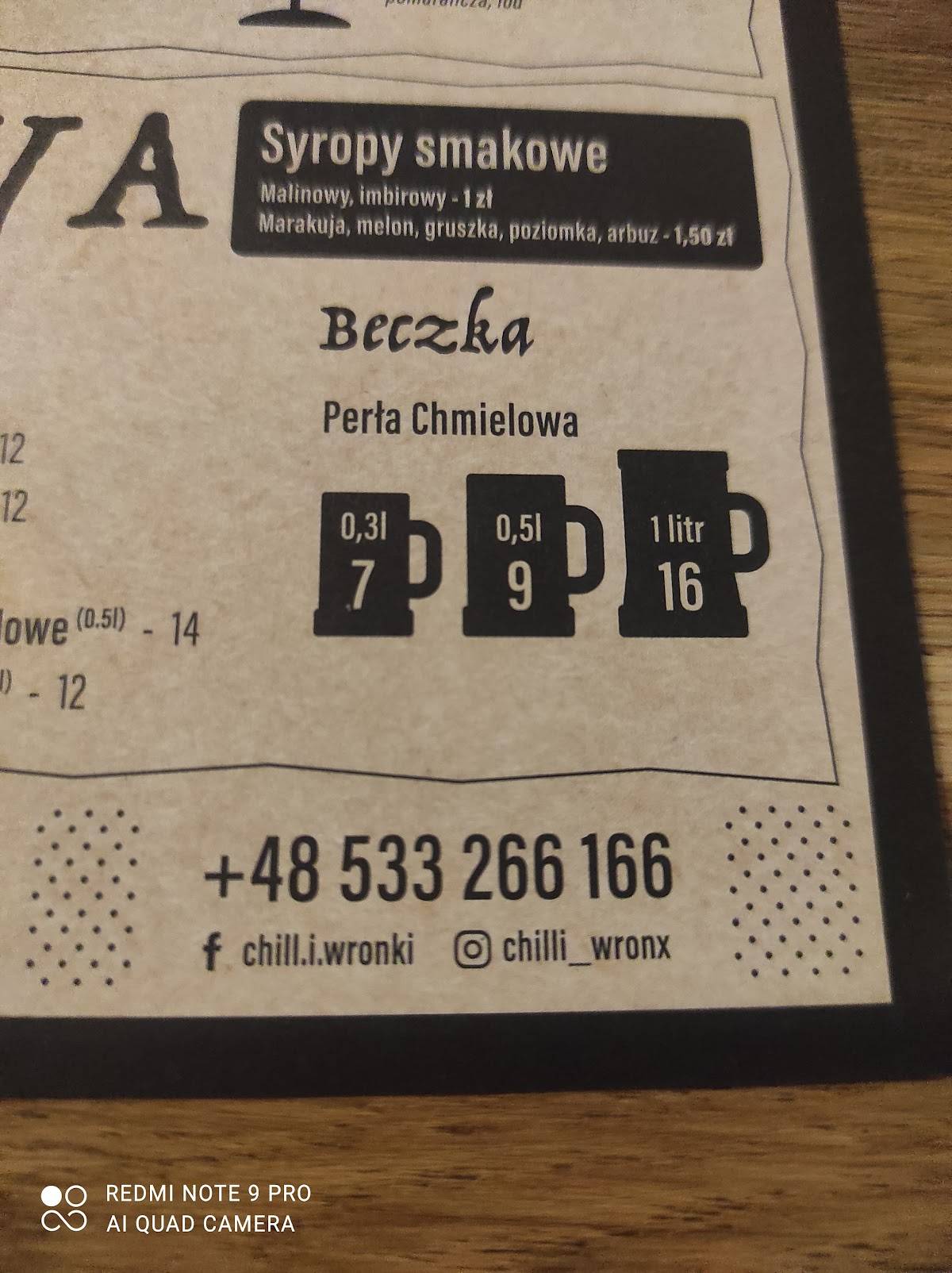 Menu at Chill'i restaurant, Wronki