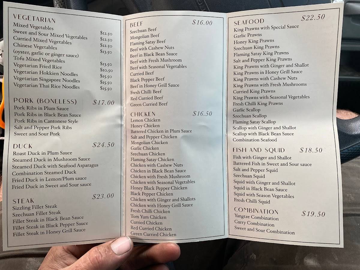 Menu at Yangtze Chinese Restaurant, Blackwood