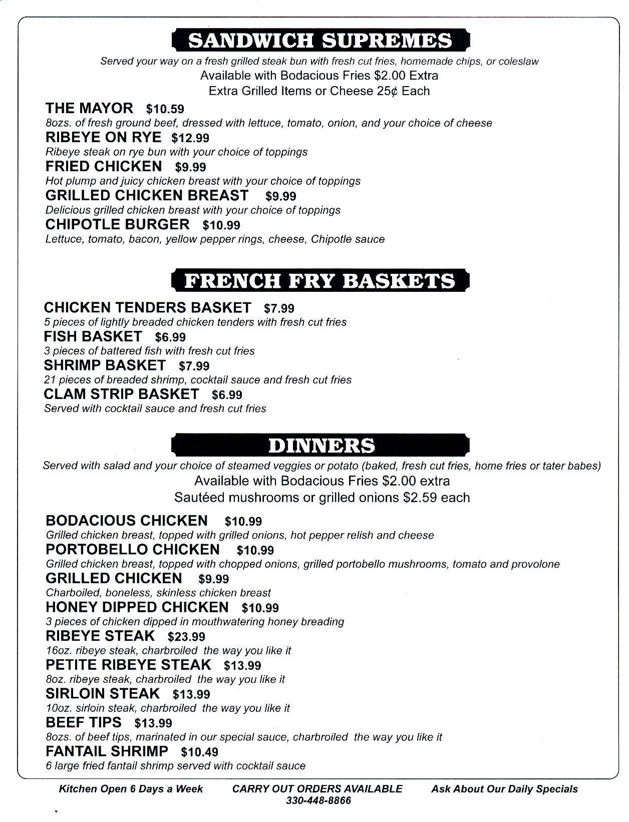 Menu at Yankee Lake restaurant, Yankee Lake