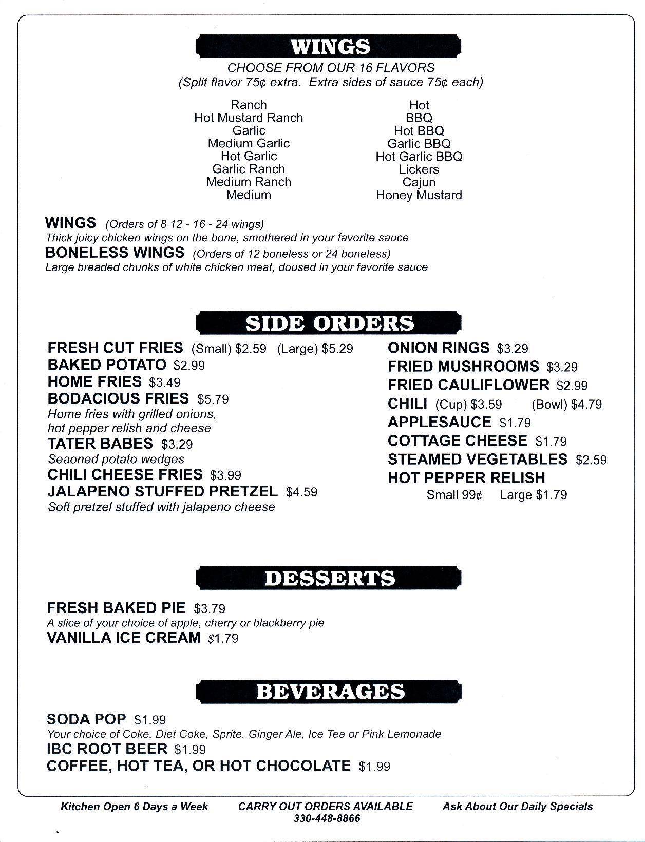 Menu at Yankee Lake restaurant, Yankee Lake