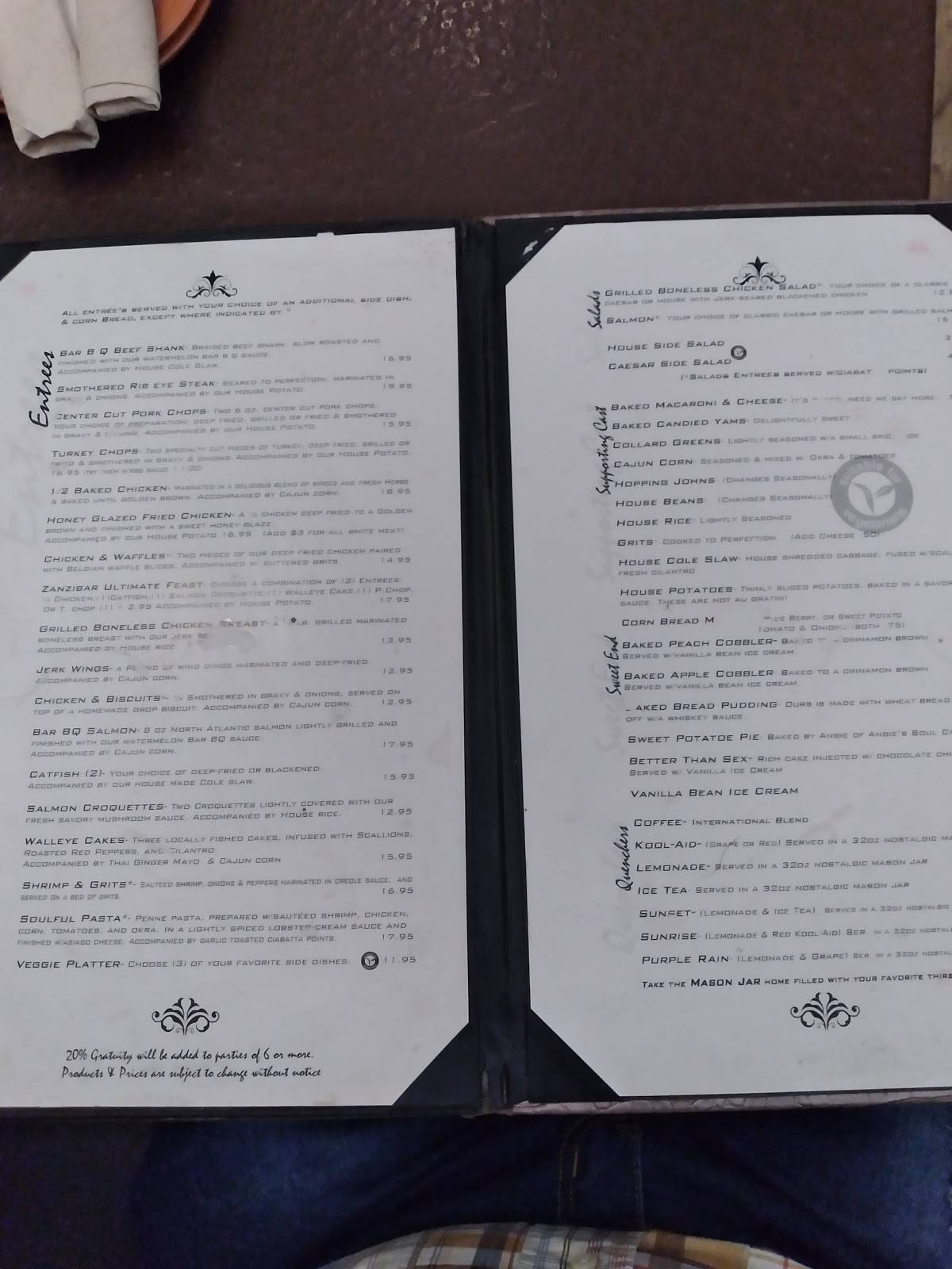 Menu at Zanzibar Soul Fusion, Cleveland, Shaker Square #2314