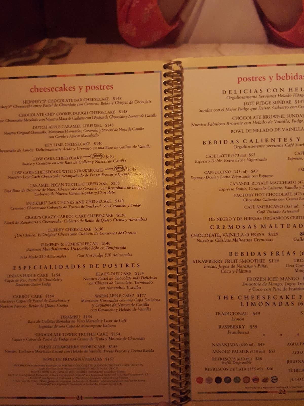 Carta del postres The Cheesecake Factory Galerías Guadalajara, Zapopan
