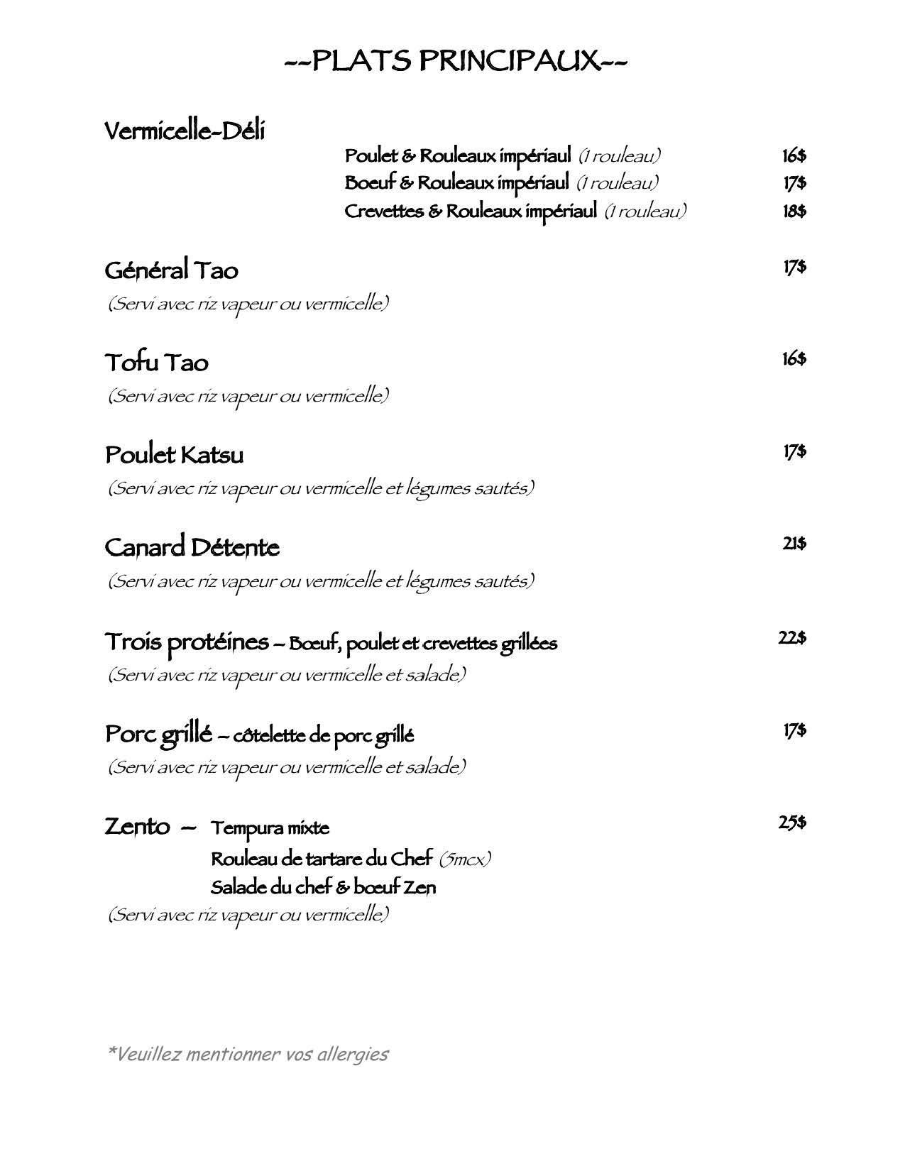 Menu au Zen Restaurant, L'Assomption, 372 Bd de l'Ange-Gardien