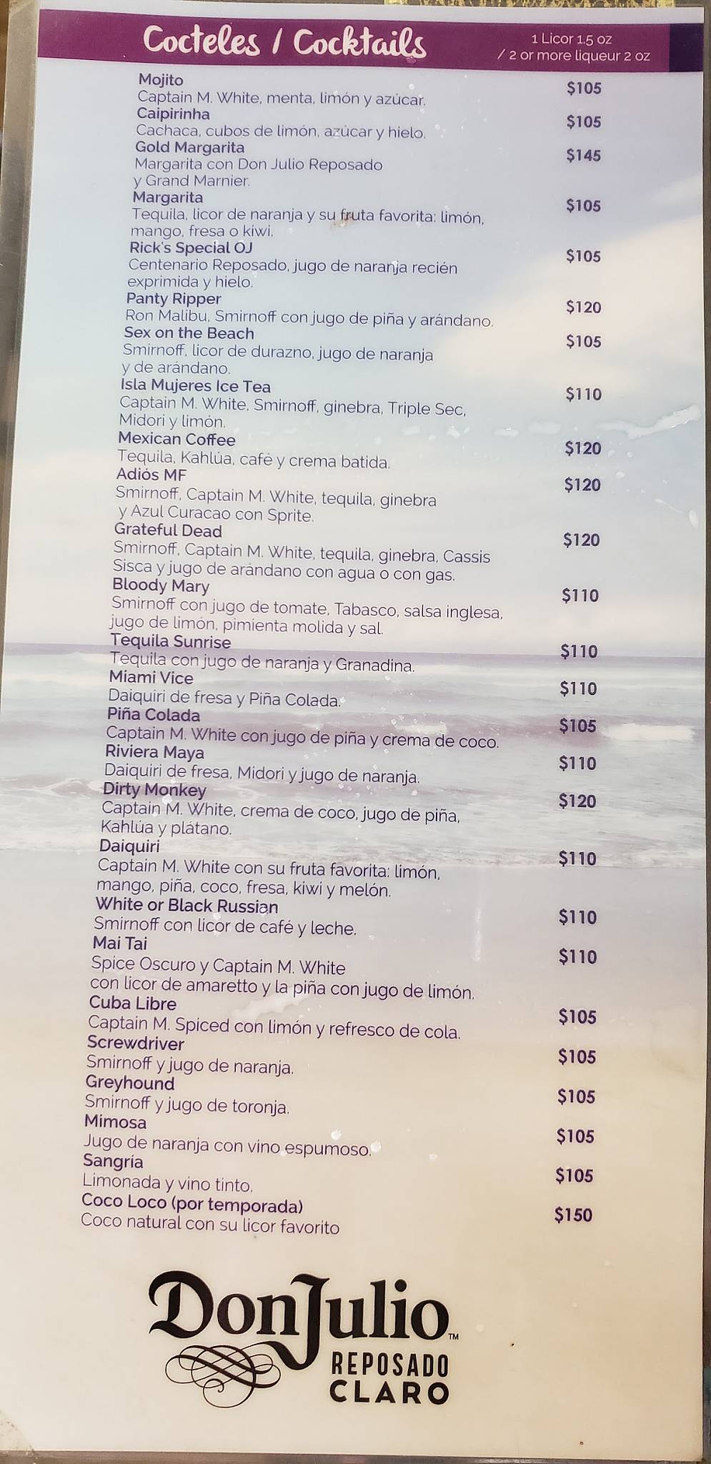 Menu at Zenzi Beach restaurant, Playa del Carmen