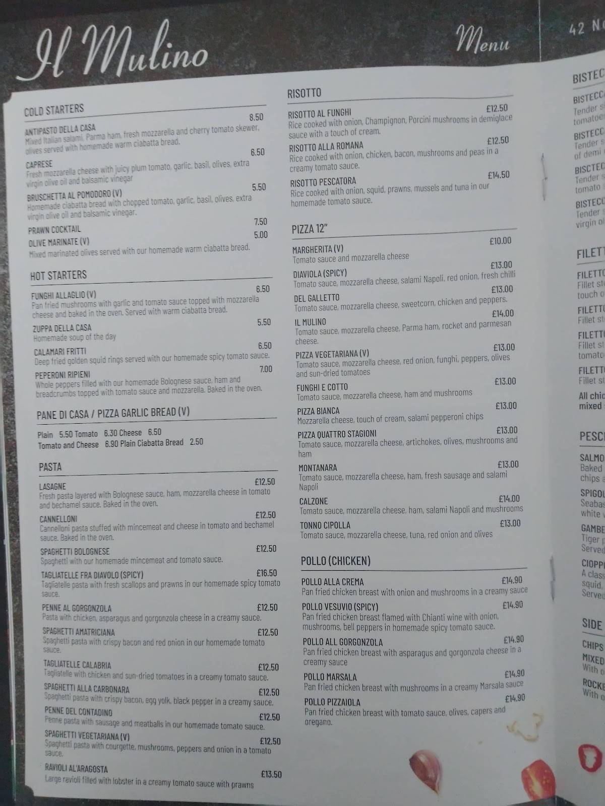 Menu at il Mulino restaurant, Bourne