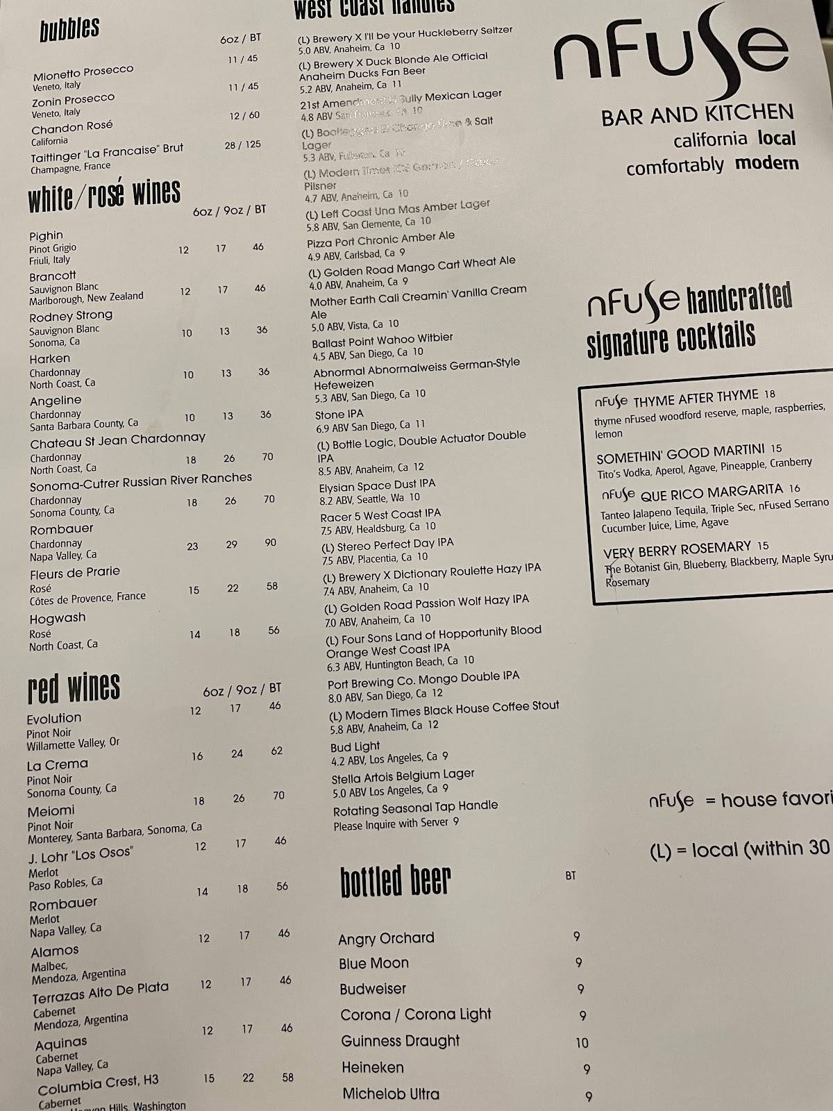 Menu at nFuse Restaurant, Bar & Lounge, Anaheim