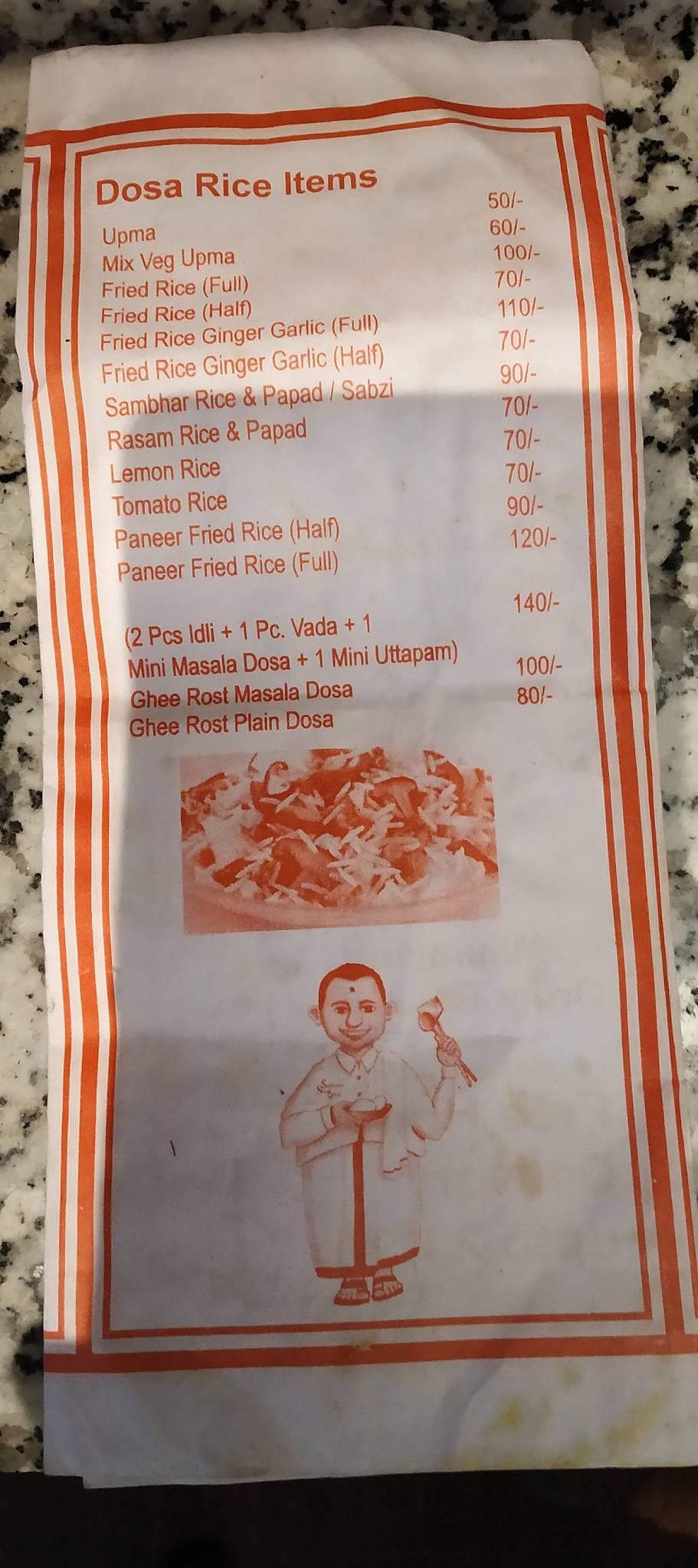 Menu at south Indian fast food, New Delhi, Main Market C101