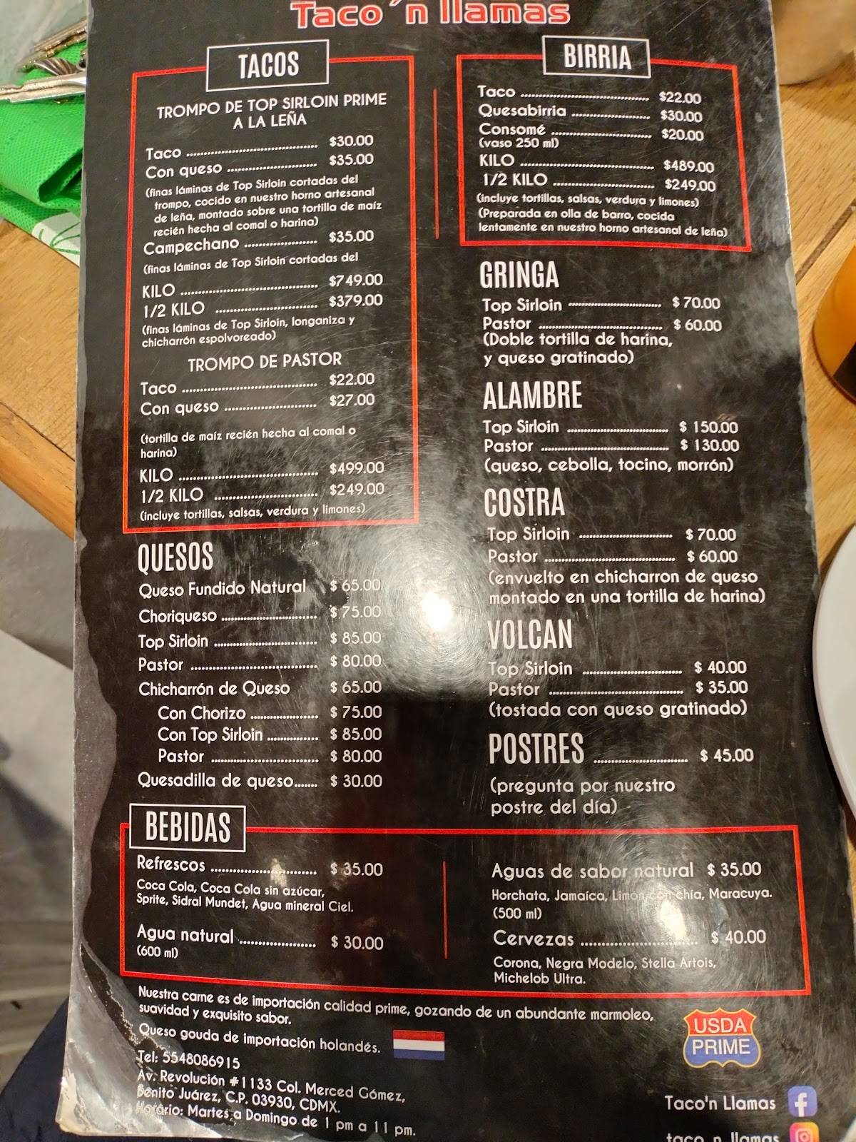 Carta del restaurante taco 'n llamas, Ciudad del México