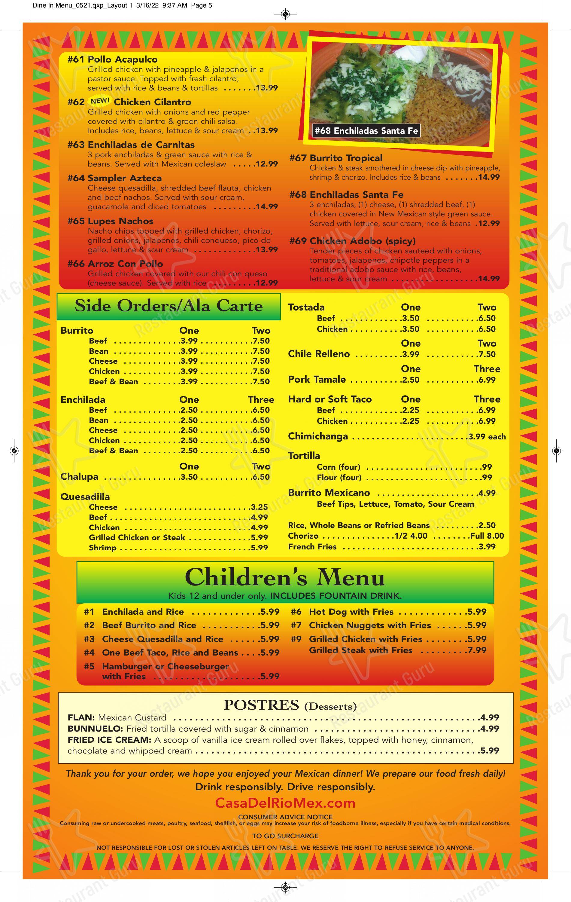 Menu at Casa Del Rio restaurant, Wadsworth