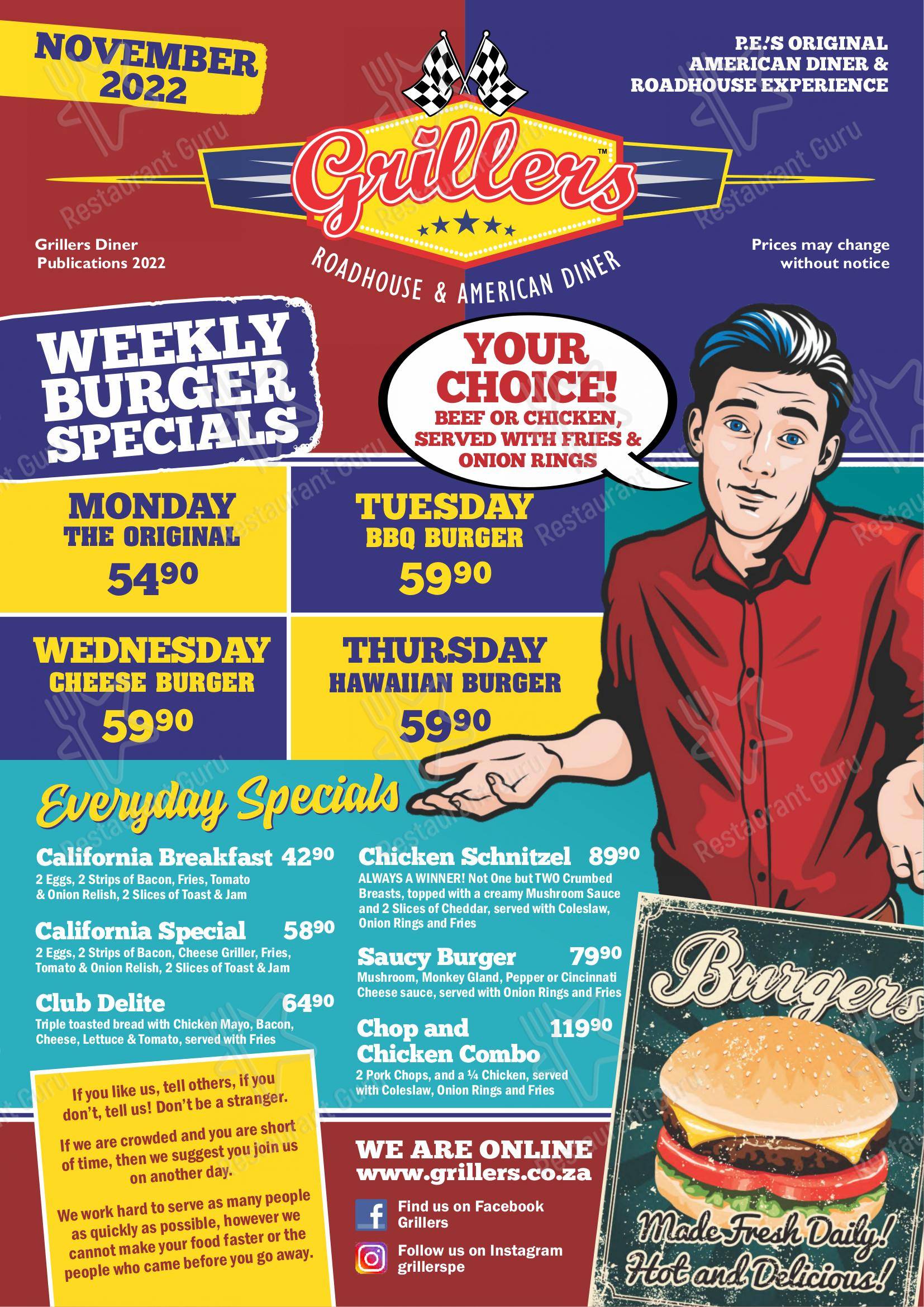 Menu at Grillers restaurant, Port Elizabeth