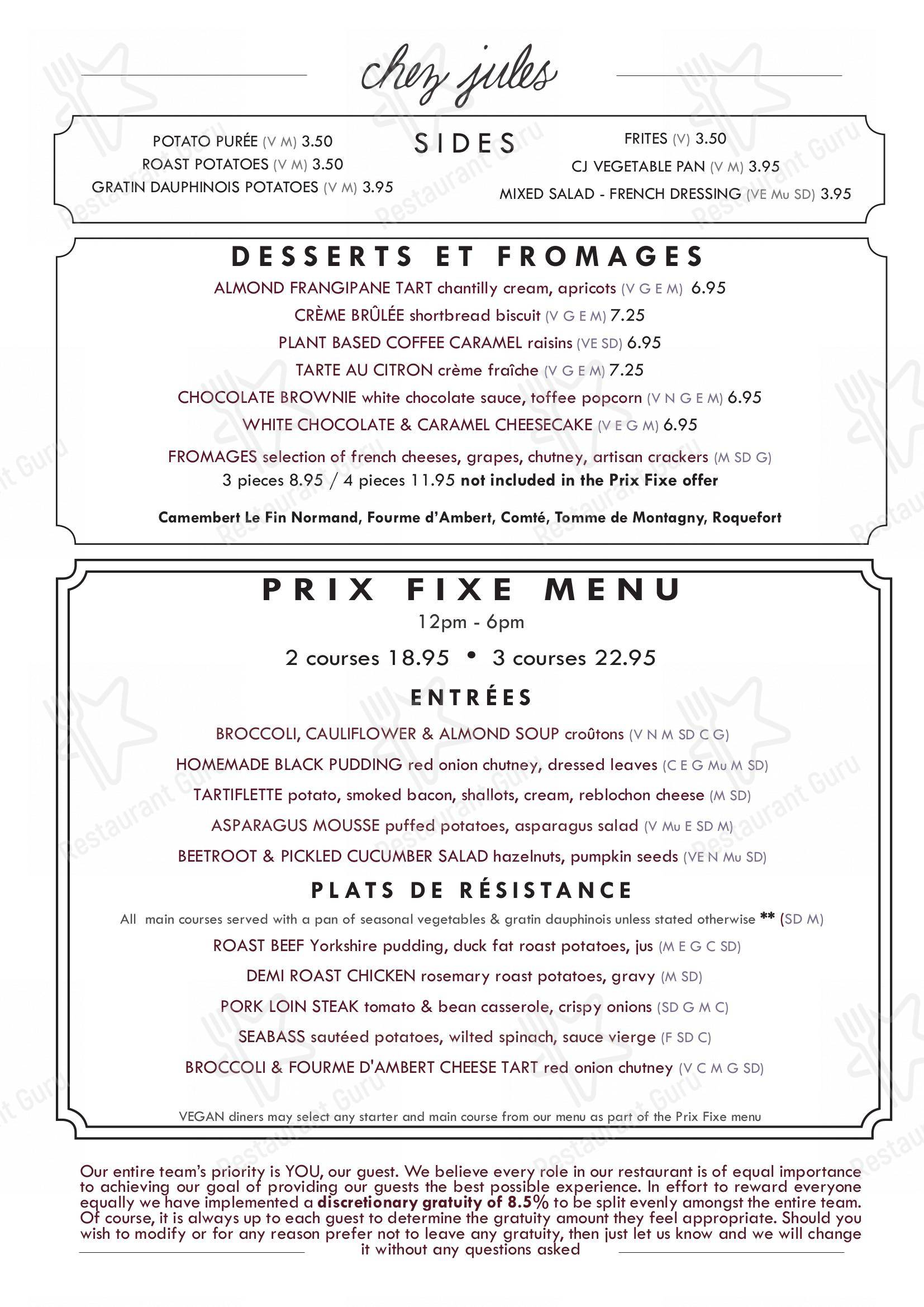 Menu at Chez Jules in Chester restaurant, Chester