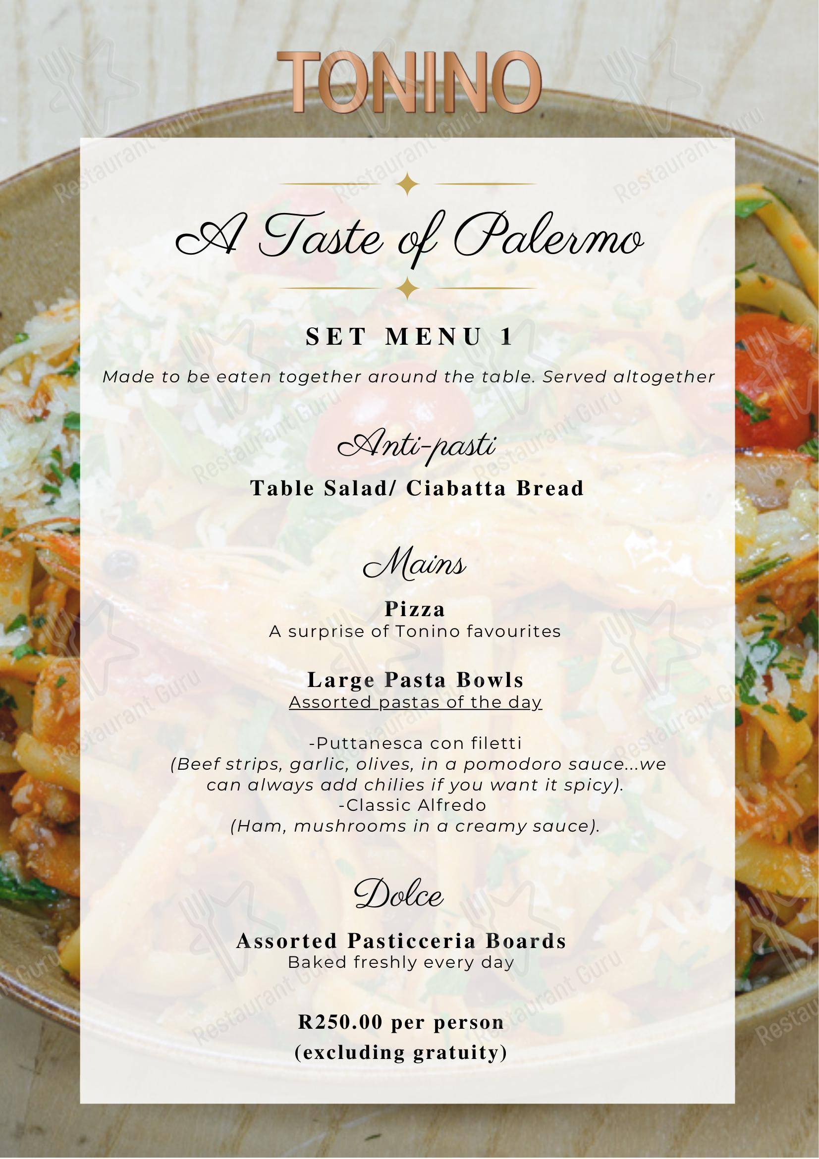 Menu at TONINO CUCINA & GRIGLIA restaurant, Benoni
