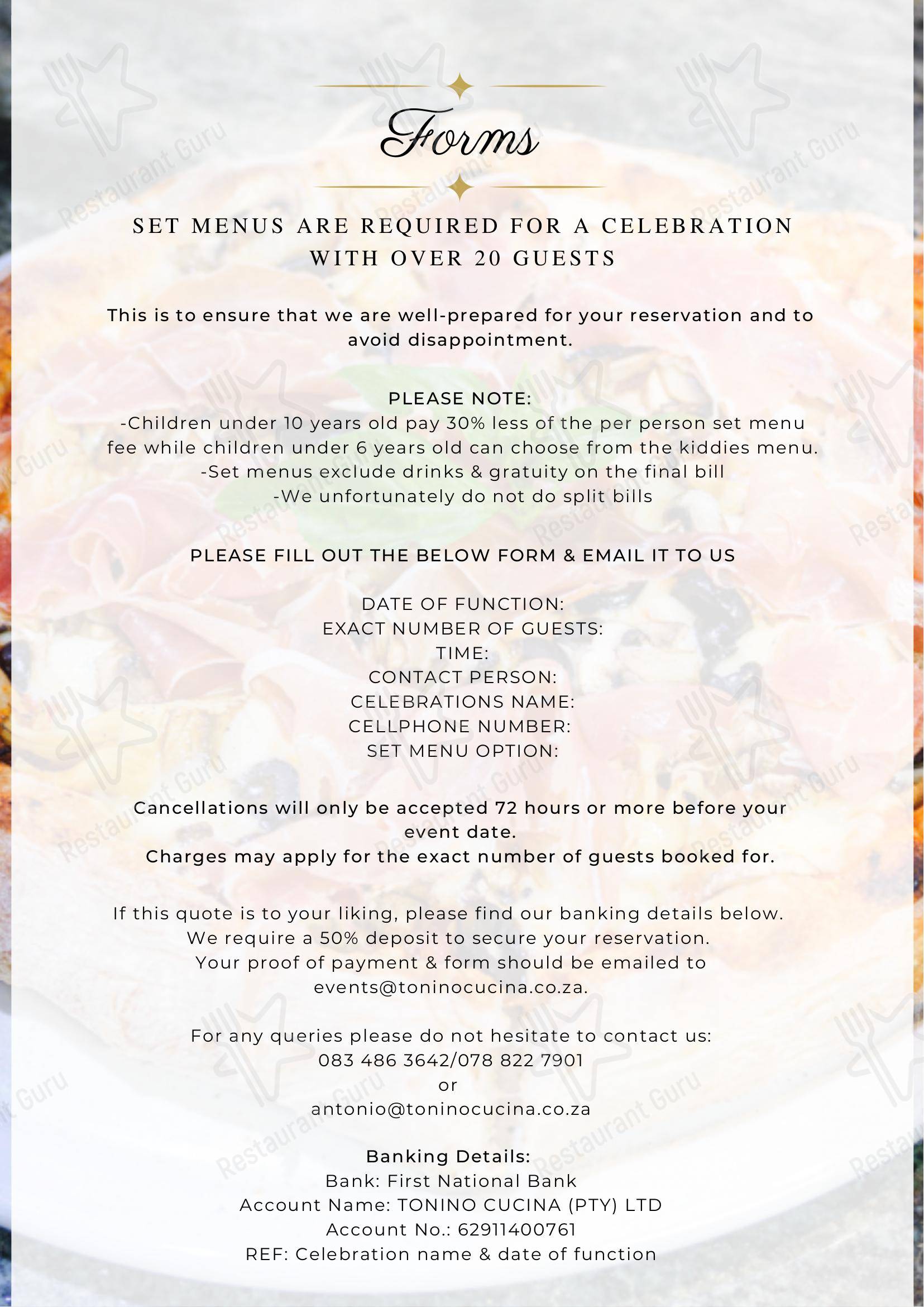 Menu at TONINO CUCINA & GRIGLIA restaurant, Benoni