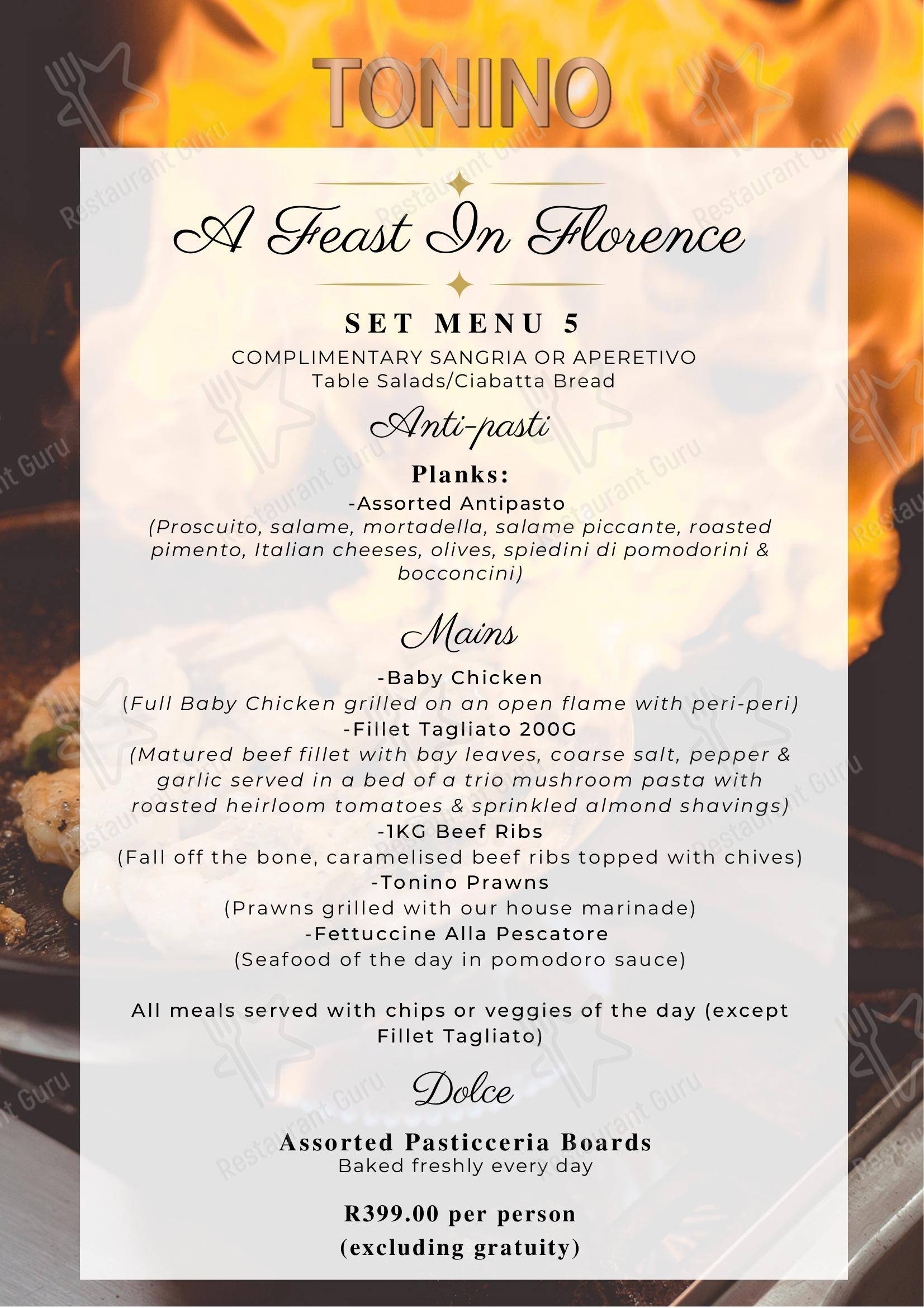 Menu at TONINO CUCINA & GRIGLIA restaurant, Benoni