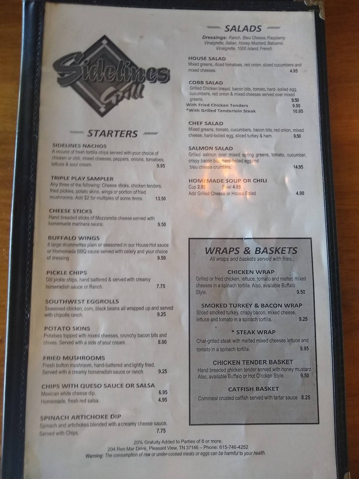 Menu at sidelines grill pub & bar, Pleasant View