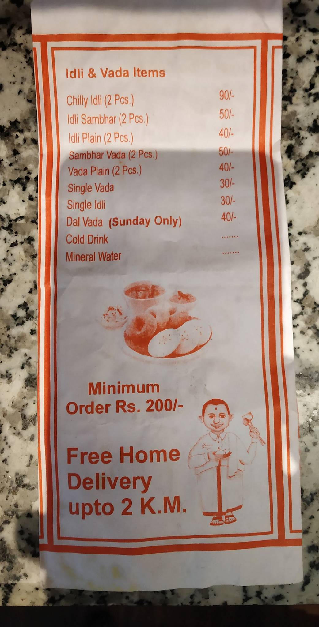 Menu at south Indian fast food, New Delhi, Main Market C101