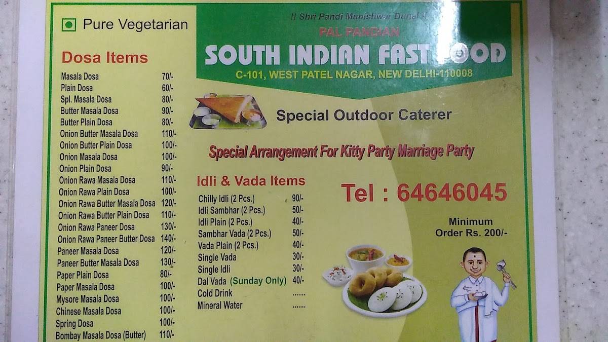 Menu at south Indian fast food, New Delhi, Main Market C101