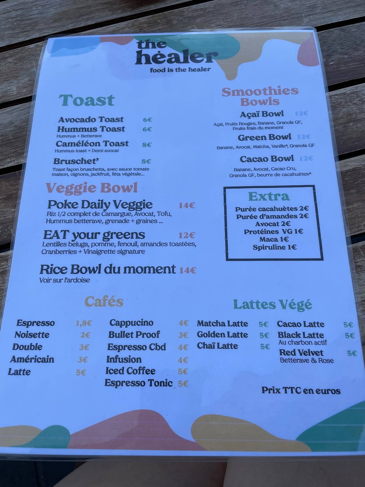 Menu at the healer Superfood Café, Nice