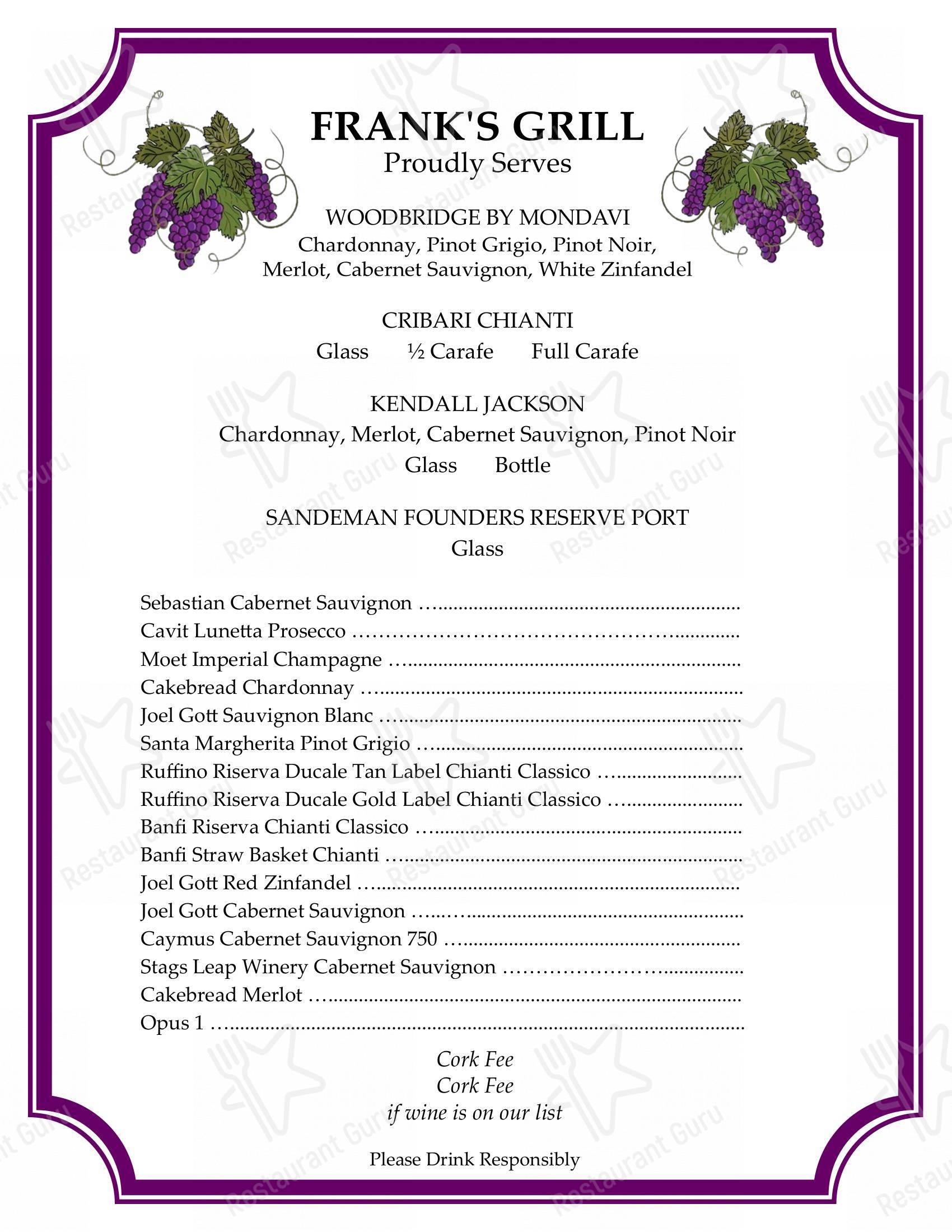 Menu at Frank's Grill restaurant, Marathon